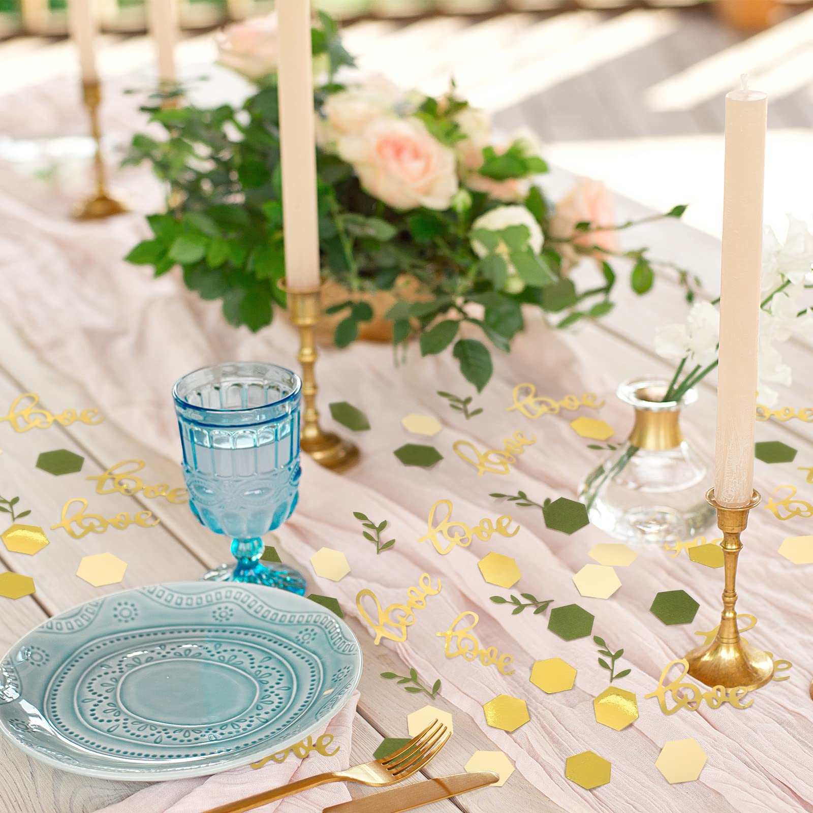 400 Pcs Greenery Wedding Table Confetti Decorations, Sage Olive Green Confetti Table Scatter Dots with Eucalyptus and Gold Love Confetti for Bridal Shower Wedding Decor(Wedding Style)