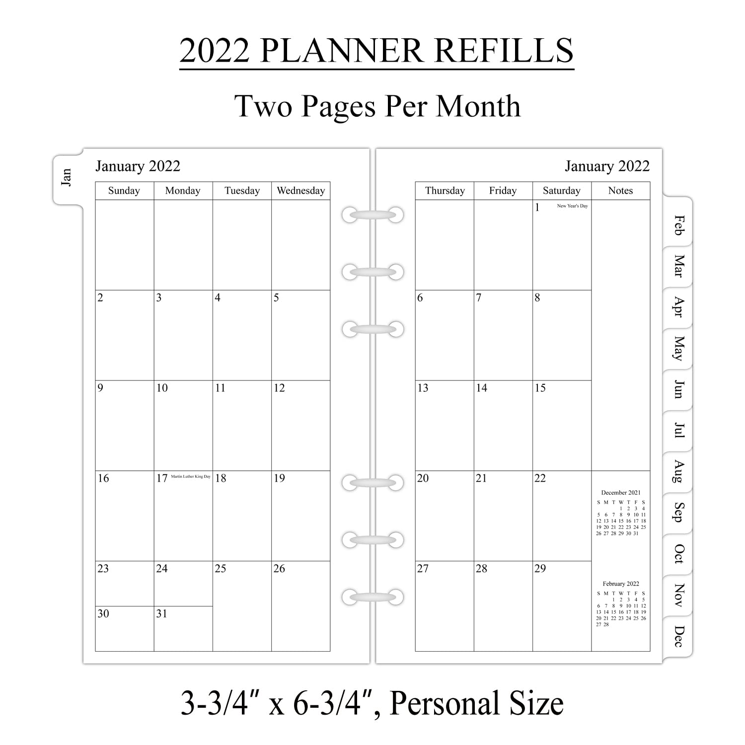 2022 Weekly & Monthly Planner Refill, 3-3/4" x 6-3/4", from January 2022 to December 2022, Personal Size/Size 3