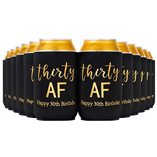 Crisky Thirty Can Cooler, 30th Birthday Decorations Beer Sleeve Party Favor, Can Covers with Insulated Covers, 12-Ounce Neoprene Coolers for Soda, Beer, Can Beverage, 12 Black Gold