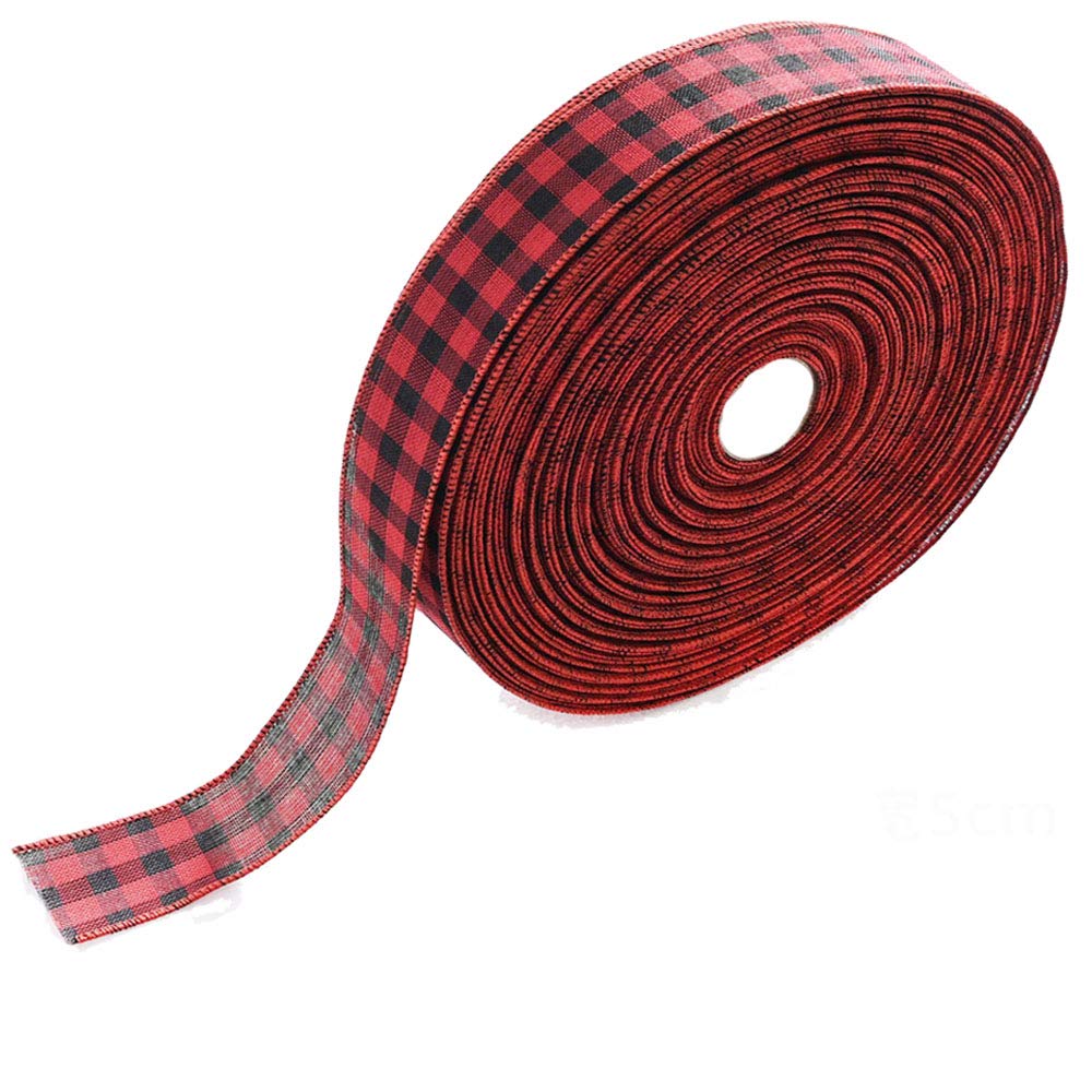 50 Yards Black and Red Buffalo Check Plaid Wired Ribbon Gingham Ribbon 3/8" Wide for Christmas Tree Wreath Bows Festive Farmhouse Decoration Gift Wrapping Crafts Floral Arrangement