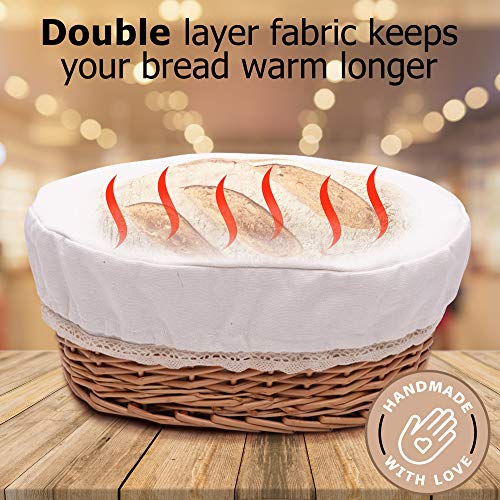 Large Bread Basket for Serving Set - 12x9β Wicker Basket with Removable Liner and Cover Bread Storage and Bread Serving Basket for Homemade Sourdough Bread. Pantry and Fruit Basket by Artizanka