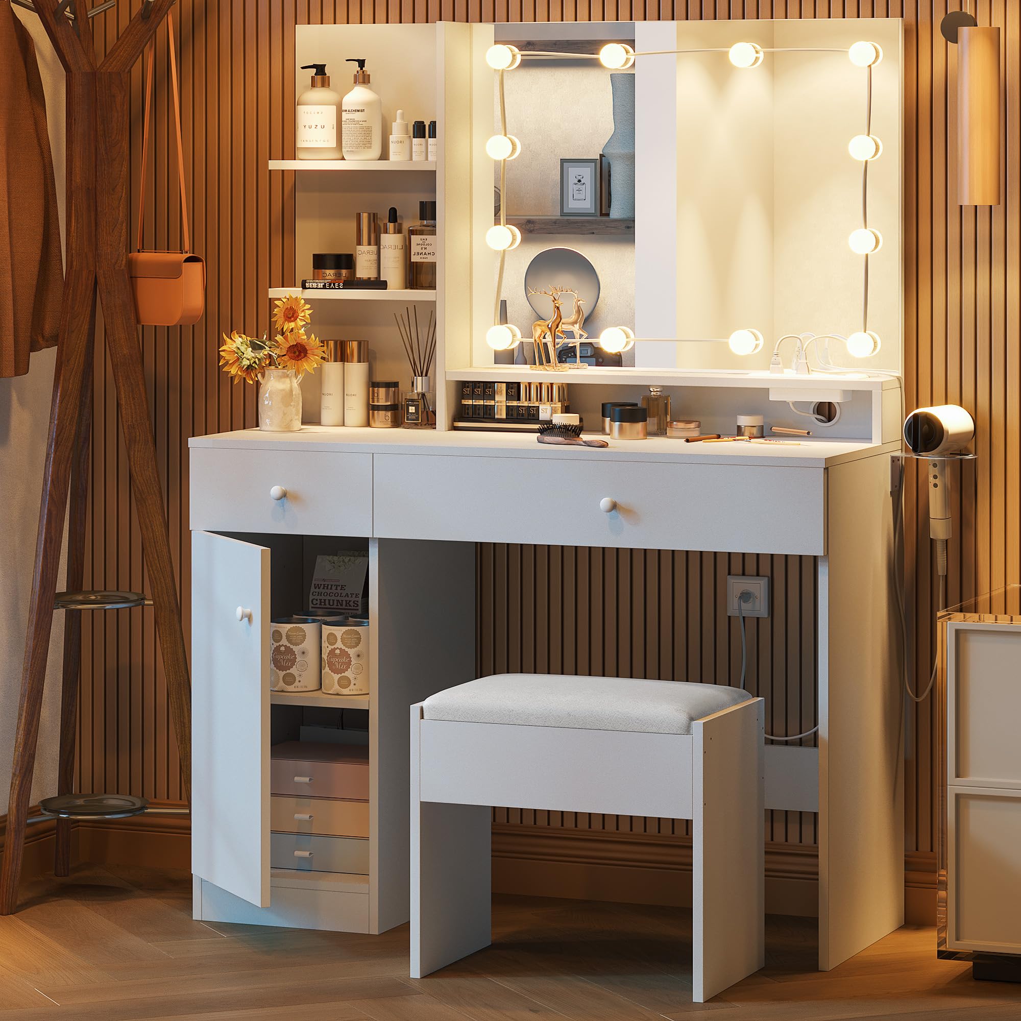 37" Vanity Desk with LED Lighted Mirror & Power Outlet, Makeup Vanity Set with large Drawers, Cabinet &Cushioned Stool, Makeup Desk 3 Color Lighting Modes Adjustable Brightness for Bedroom Studio
