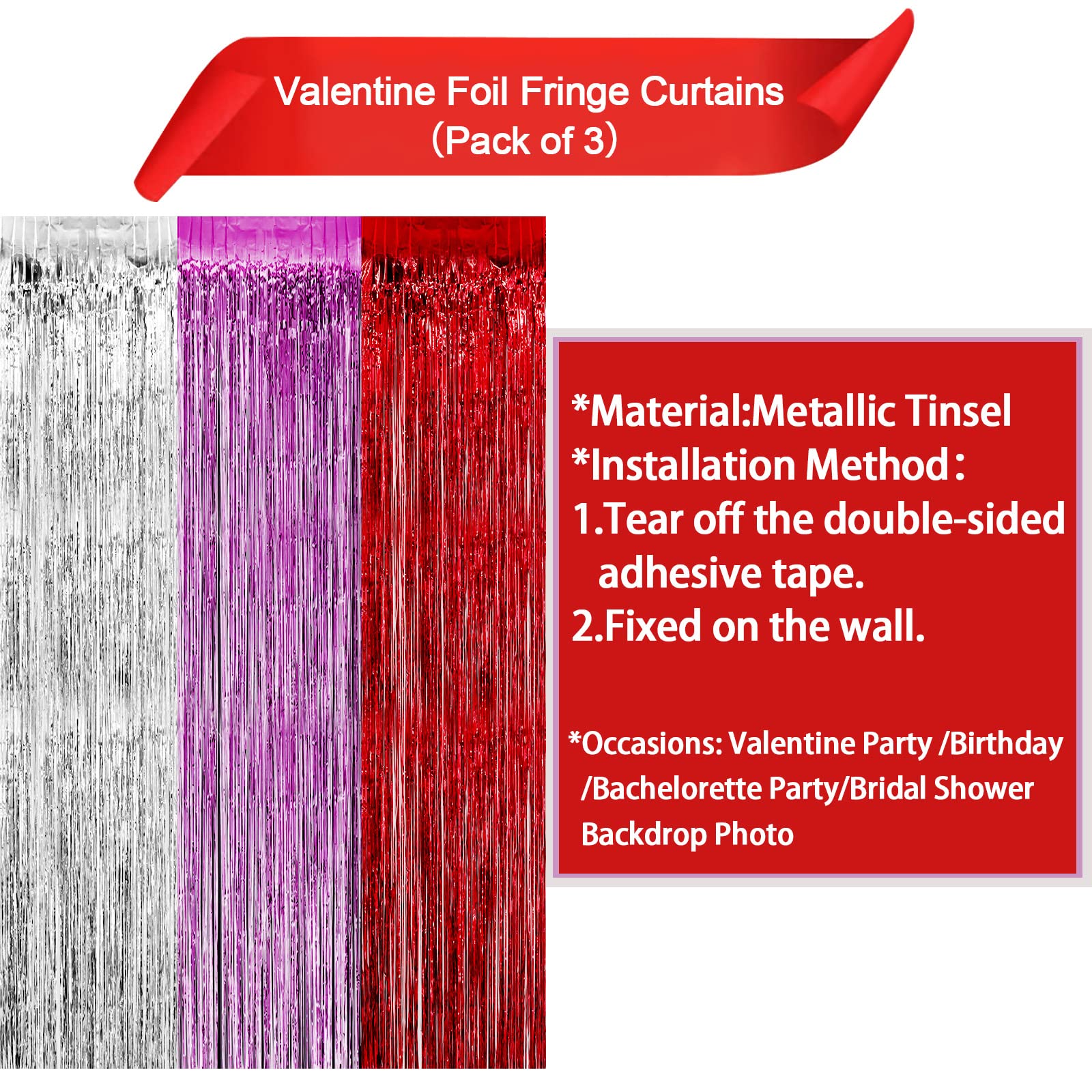 3 Pack Red Foil Fringe Curtains Valentines Day Party Decoration, 3.3X8.2 ft Silver Pink Red Fringe Backdrop for Valentines Decor Tinsel Fringe Curtain Party Photo Backdrop Streamer for Bachelorette