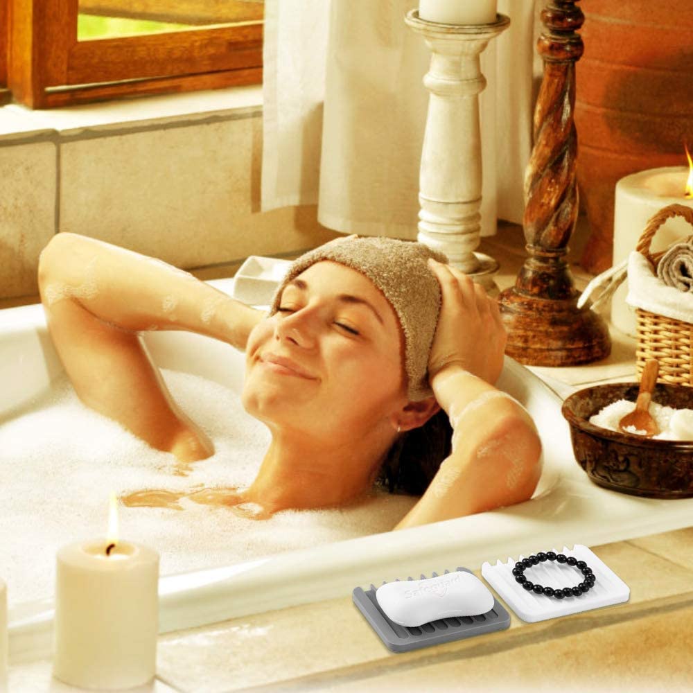 2PCS Soap Dish Holder, Premium Silicone Soap Dishes for Shower Bathroom Kitchen Sinks, Soap Tray Saver Drainer, Self-draining Waterfall, Non-Slip Design, Easy Cleaning (White, Gray)
