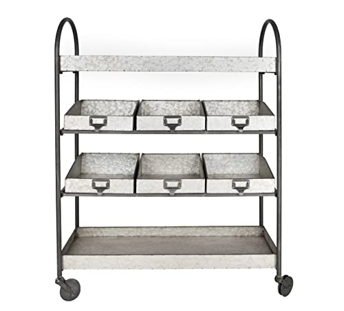 Creative Co-Op Metal 4 Tier Cart on Casters with 2 Open Shelves & 6 Bins,Grey