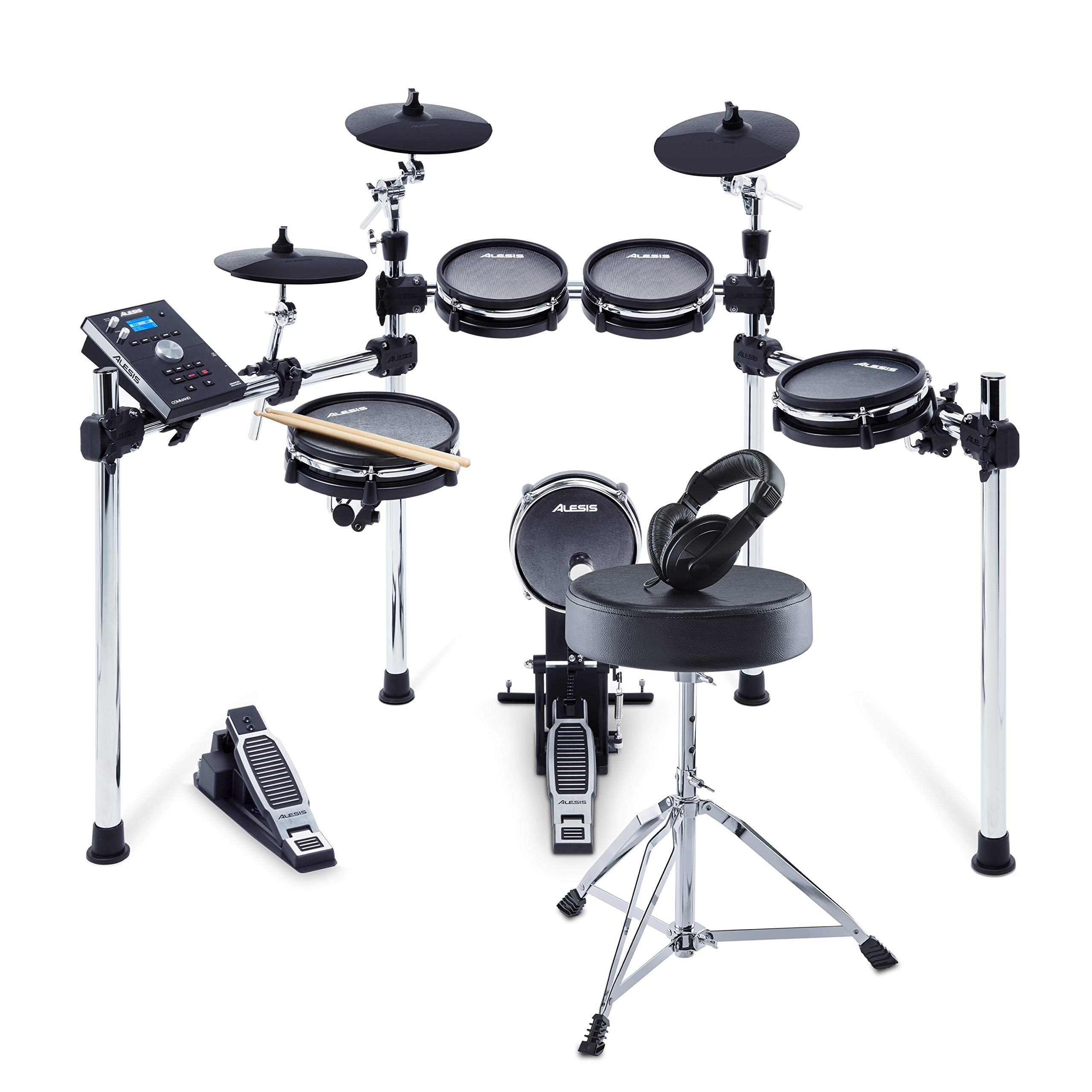 Alesis Drums Command Mesh Kit Bundle – Electric Drum Set With an Eight-Piece Mesh Electronic Drum Kit, Drum Throne, Headphones and Drum Sticks