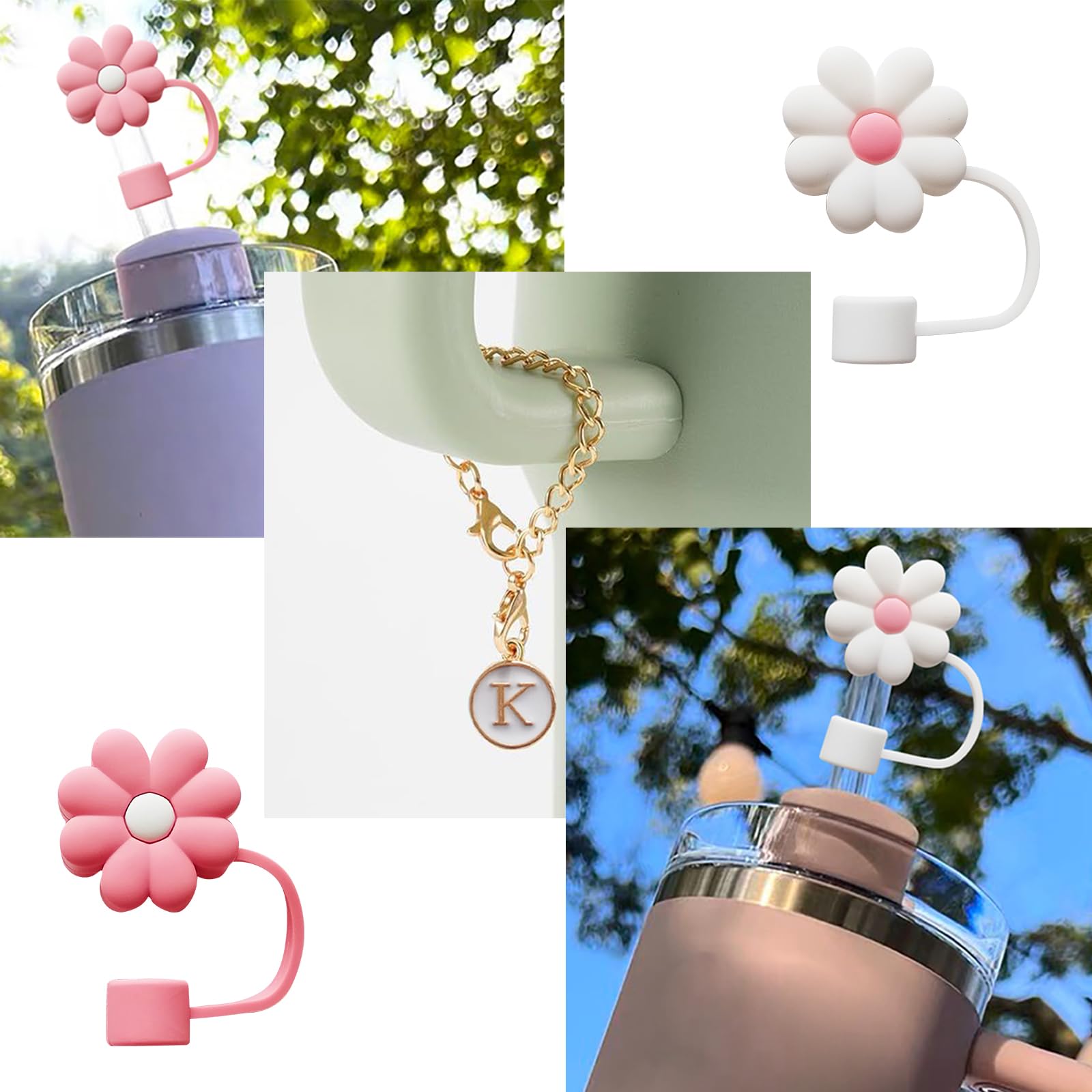 2PCS Straw Cover for Stanley Cup 30&40 Oz 10mm Flower Silicone Straw Topper Protector Lid with 2PCS Initial Personalized Letter Charm Stanley Cup Accessories (2PCS Letter A+2PCS Flowers)