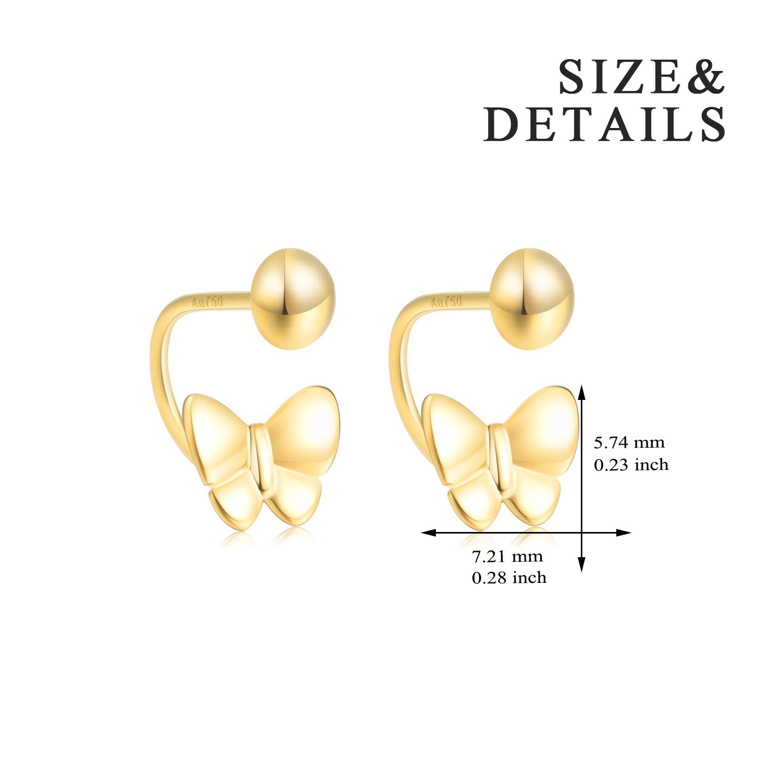 18k Yellow Gold Butterfly Earrings for Women Screw Back, Ear Jacket Fine Jewelry