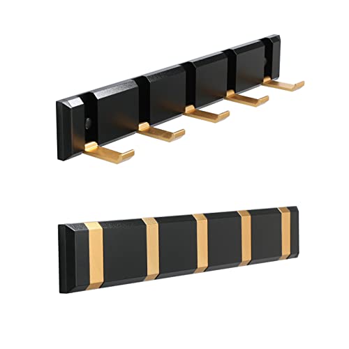 Beelee Coat Rack Wall Mount Floating Hook Rack, Space-Saving Towel Hanger Folding Coat Hooks for Coats,Scarves,Hat and More,Black and Gold Finish