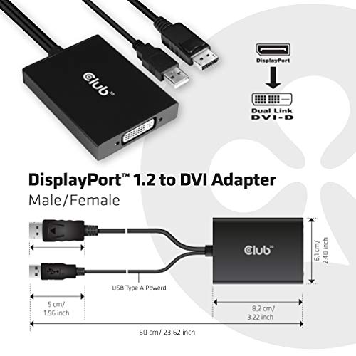 Club 3D CAC-1010 DisplayPort to DVI Dual-Link DVI-D Active Adapter for Your Monitor/Display - USB A Powered β 2560x1600 Resolution HDCP Supported NOT for Apple Cinema Monitors, Black