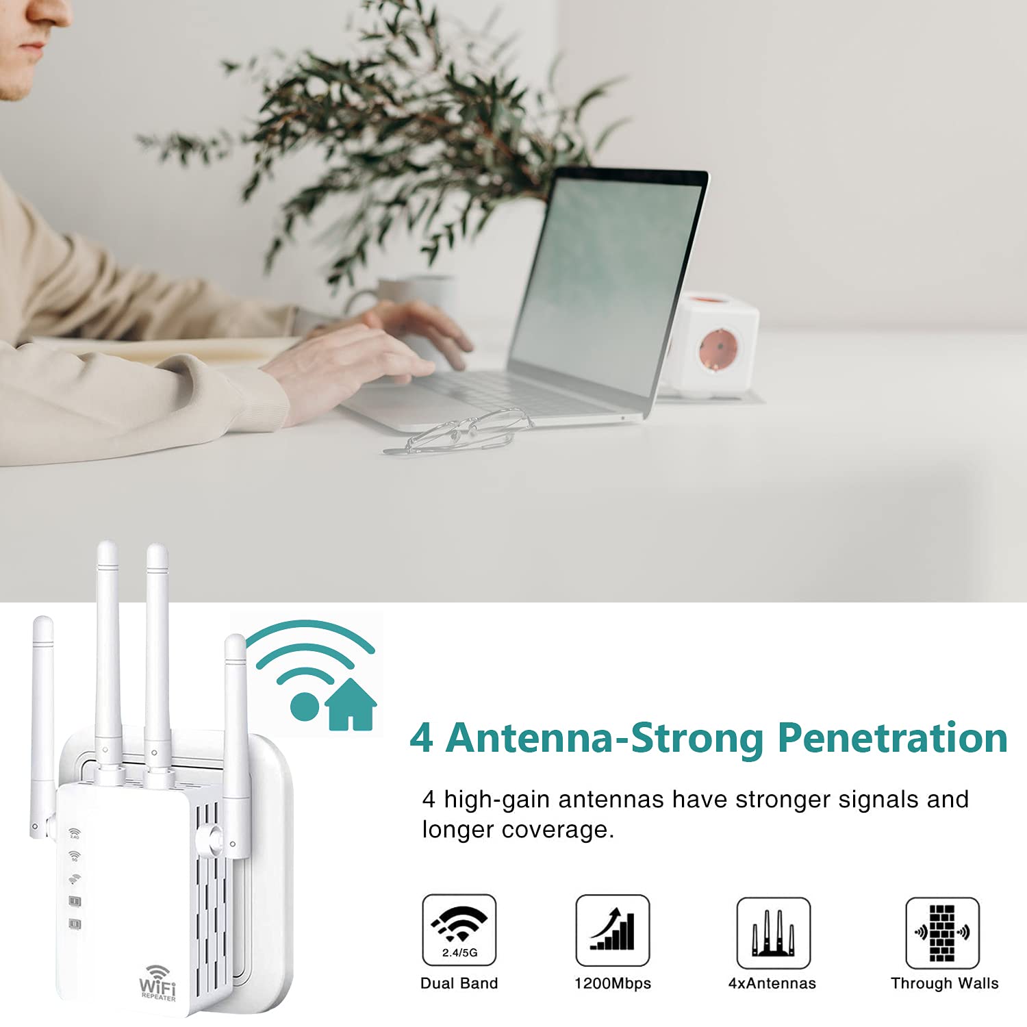2023 WiFi Extender - Wireless Signal Repeater Booster up to 9800 sq.ft - 1200Mbps Wall-Through Strong WiFi Booster-Dual Band 2.4G and 5G - 4 Antennas 360° Full Coverage