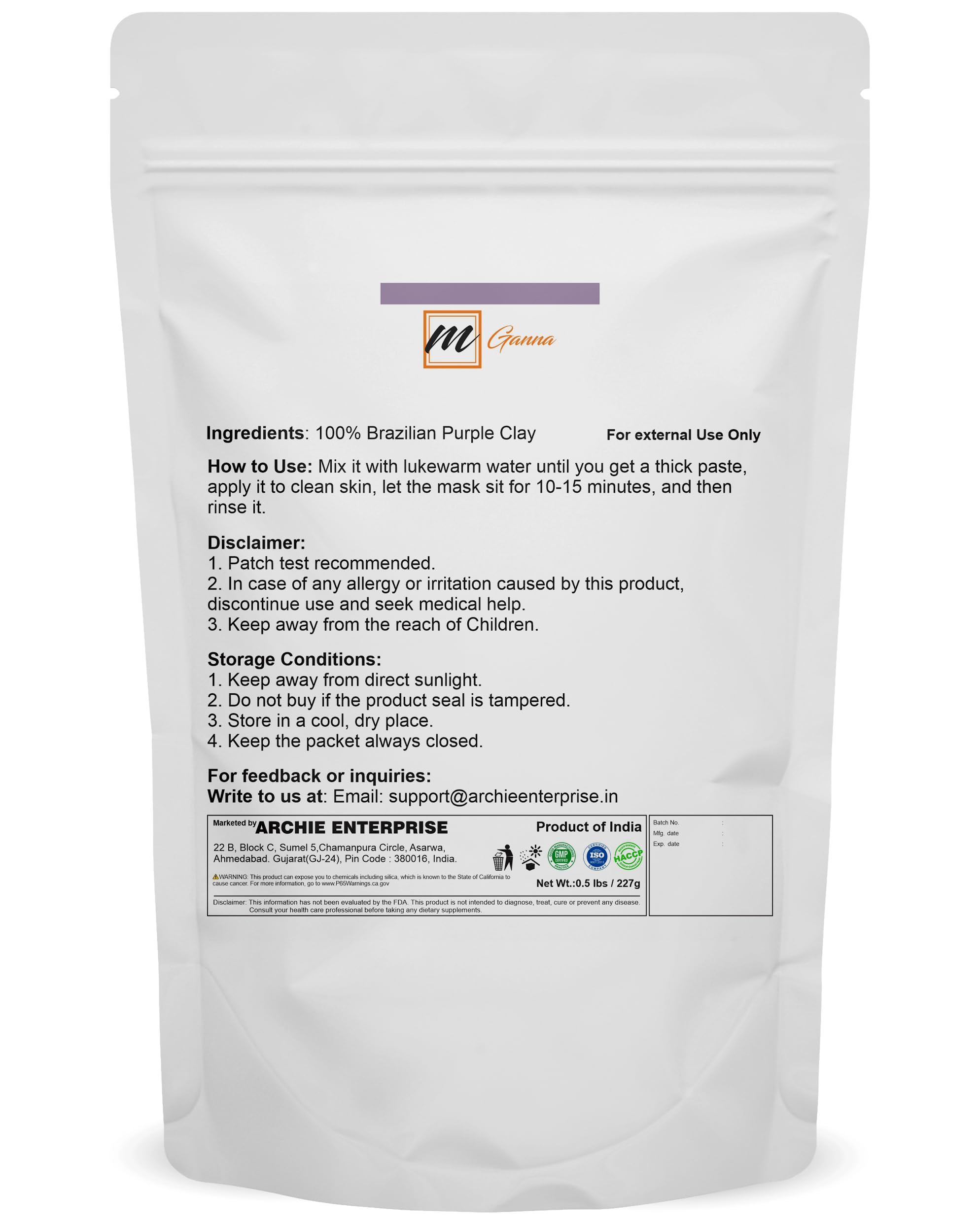 mGanna 100% Natural Brazilian Purple Clay Powder for Face packs, Creams and Soaps and other Cosmetic Formulations 0.5 lbs / 227 gms