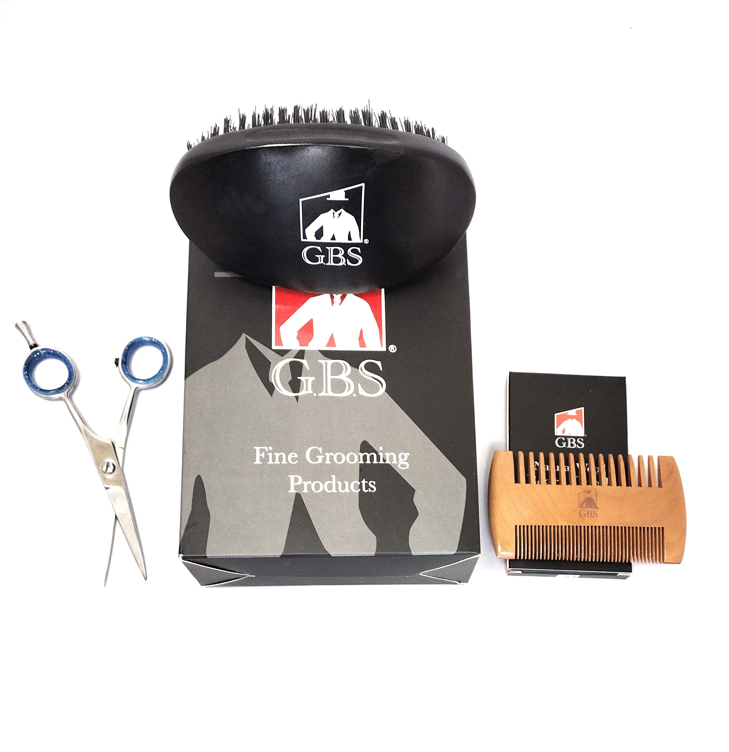 G.B.S Men's Kit, Barber Beard Scissors, Shaping Tool, Military Style Black Bristle Beard Brush with Natural Black Bristle, Anti-static Dual Action Mustache Comb with Travel Case