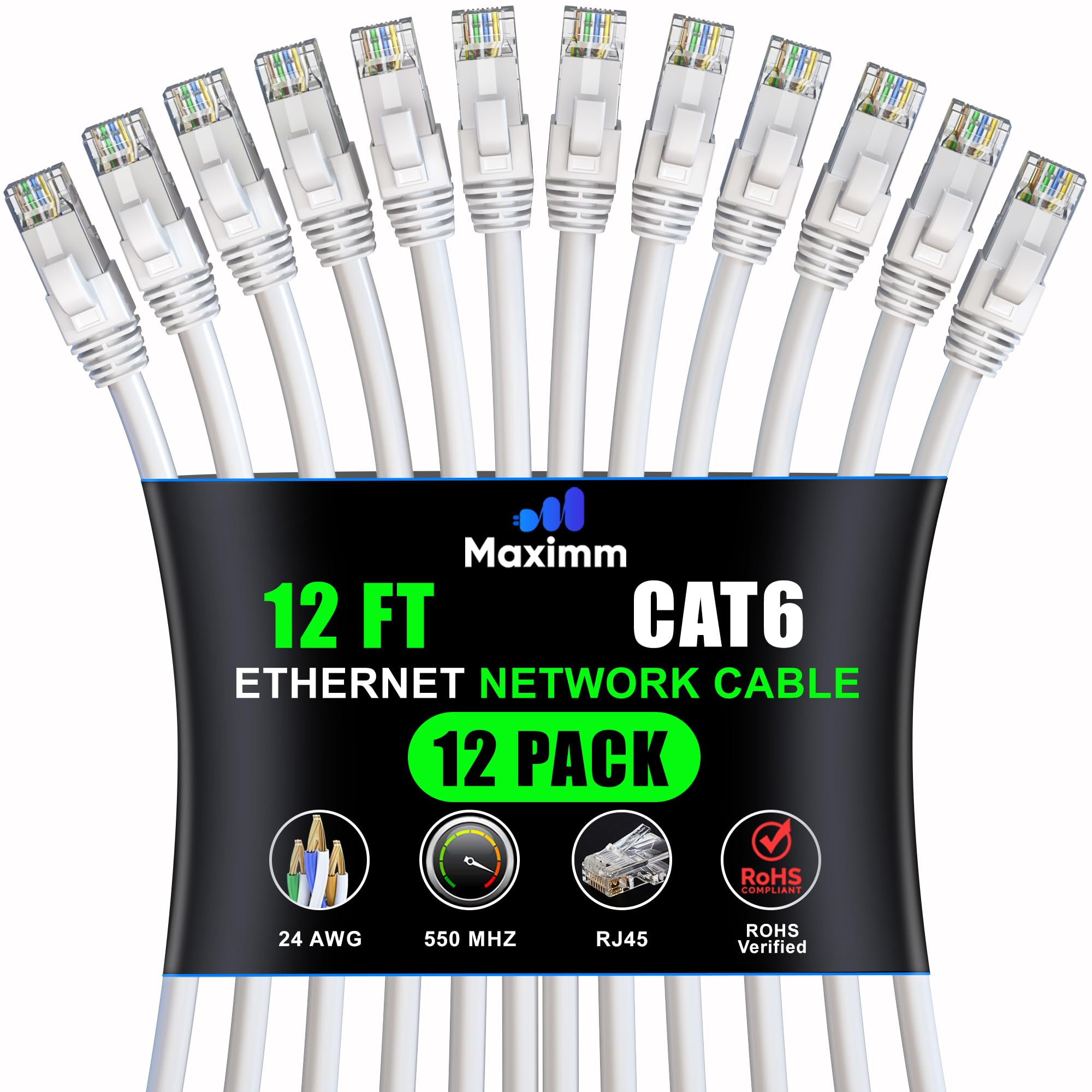 Maximm Cat 6 Ethernet Cable 12 ft (12-Pack) - High-Speed LAN Cable, Internet Cable, Patch Cable, and Network Cable - UTP, 10Gbps, 550MHz Ethernet Cord - White