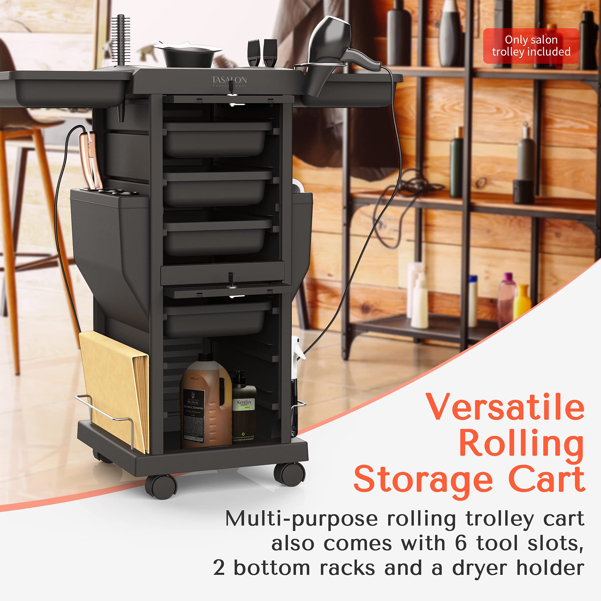 TASALON Ultimate Trolley Cart for Hair Salon Station – Space Saving Rolling Beauty Cart for Extra Storage, New upgrade Lockable 6 Trays & 2 Tray Holders– Multipurpose Tool Cart