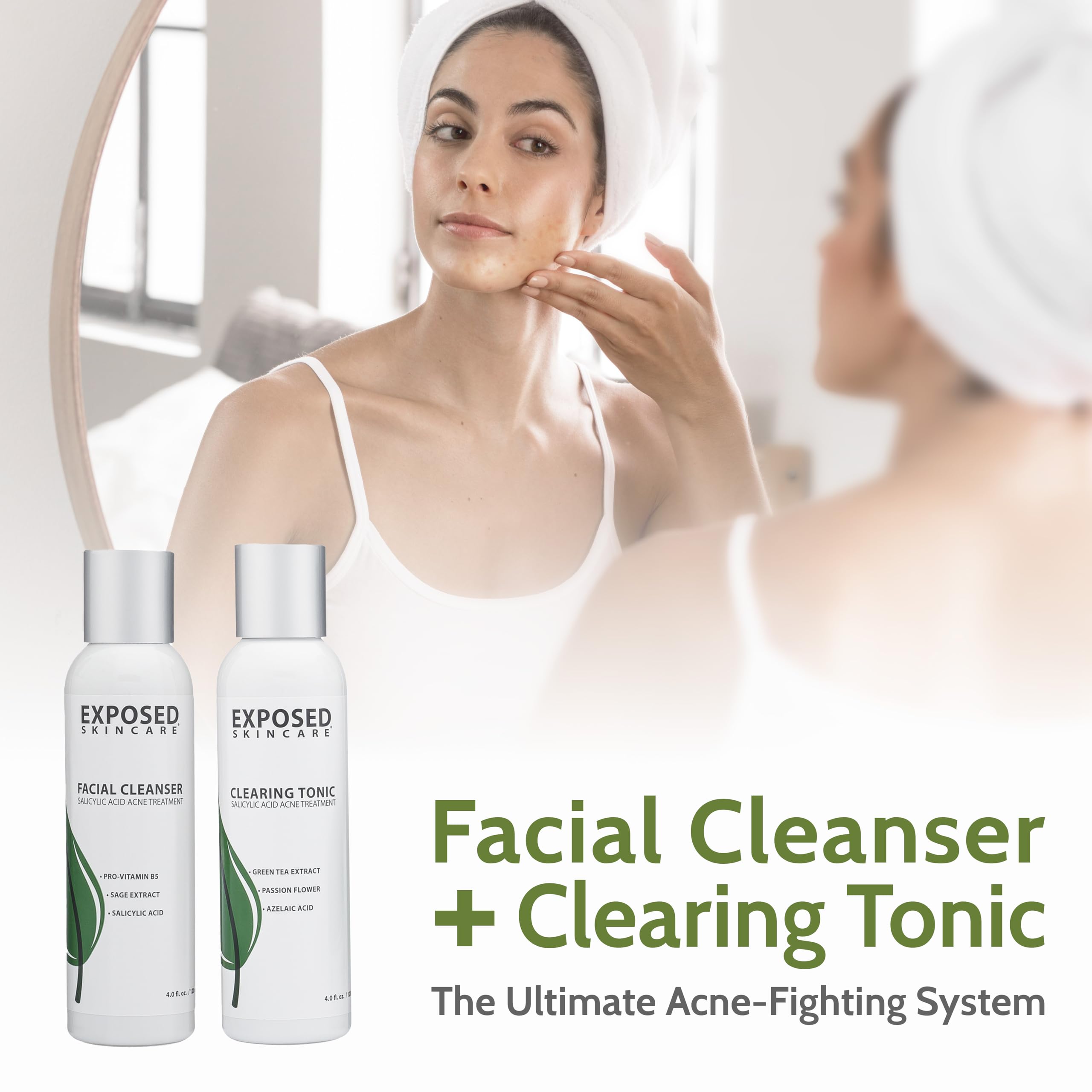 Exposed Skin Care Acne Treatment Kit - Includes Facial Cleanser, Clearing Tonic, Acne Treatment Serum, Clear Pore Serum, Clarifying Mask, Cloth - Natural Acne Solution for Face, All Ages & Skin Types