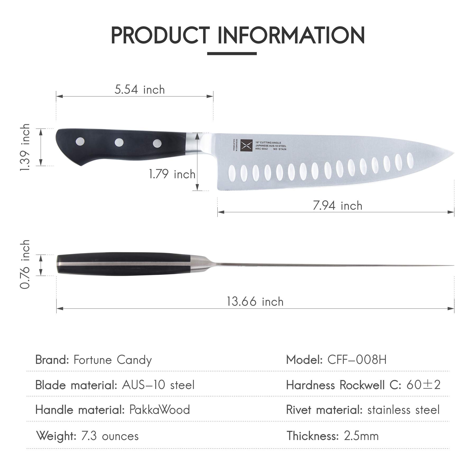 Fortune Candy 8 Inch Chef’s Knife - Japanese AUS-10 Stainless Steel Kitchen Knife - Full Tang, Classic Handle (Silver)