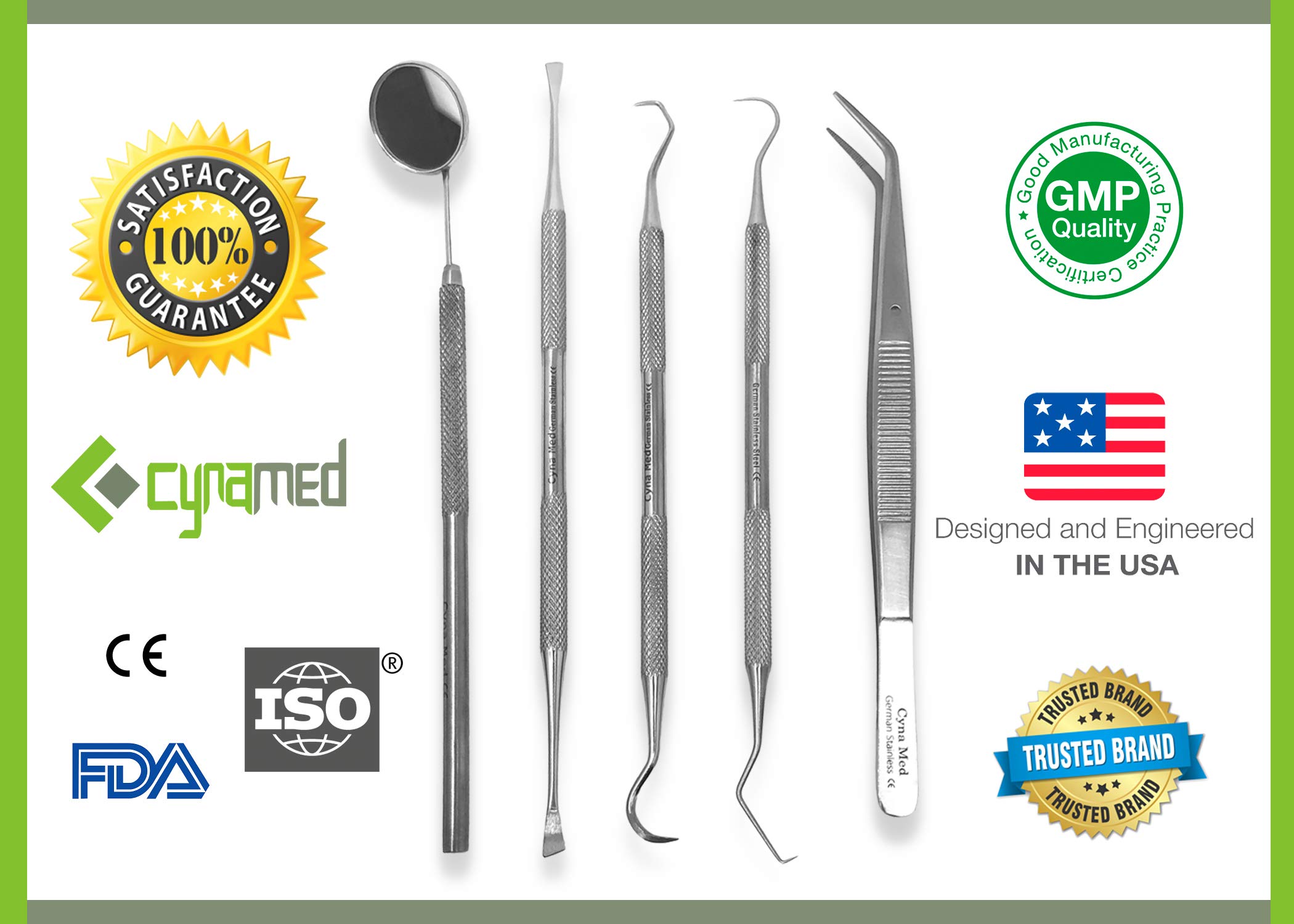 CynaMed Dental Tools Oral Care Kit (5-Pack) β Stainless Steel Dental Pick, Tartar Scraper, Scaler, Tweezers, and Mouth Mirror for Personal & Pet Use