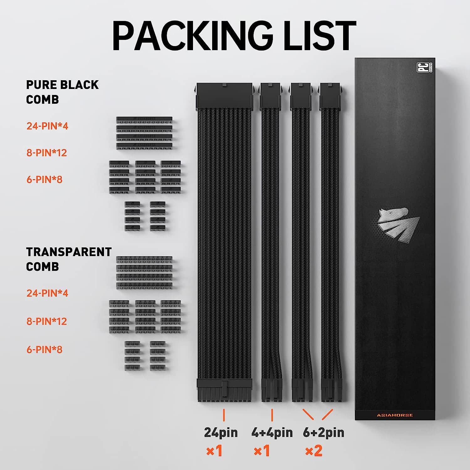 AsiaHorse 18AWG PSU Cable Extension Sleeved Custom Mod GPU PC Audio Video Power Supply Soft Braided Cables with Two Color Comb Kit 24P/8P to 6+2P/ 8P to 4+4P 30CM