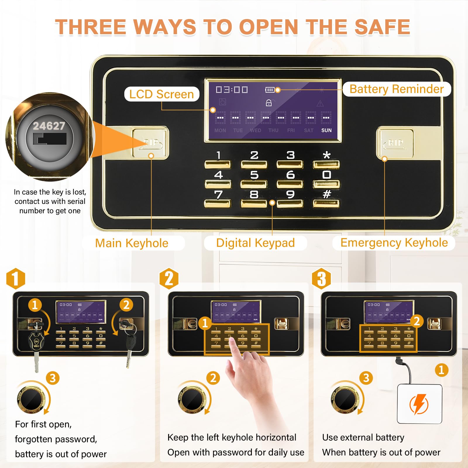 2.3 Cub Home Safe Fireproof Waterproof, Large Fireproof Safe Box with Fireproof Document Bag, Electronic Keypad and Spare Key, Digital Home Security Safe for Money Firearm Medicine Valuables