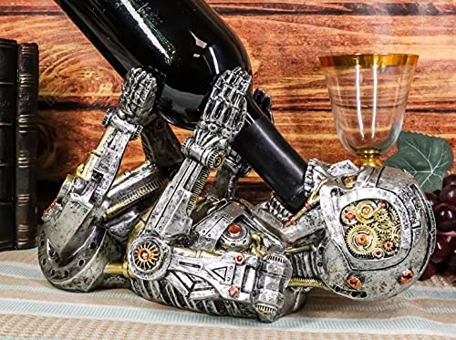 Ebros Steampunk Industrial Victorian Sci Fi Cyborg Robotic Terminator Skeleton Wine Bottle Holder Figurine with Painted Gearwork Clockwork and Mechanical Parts Party Hosting Skeletons Skulls Decor