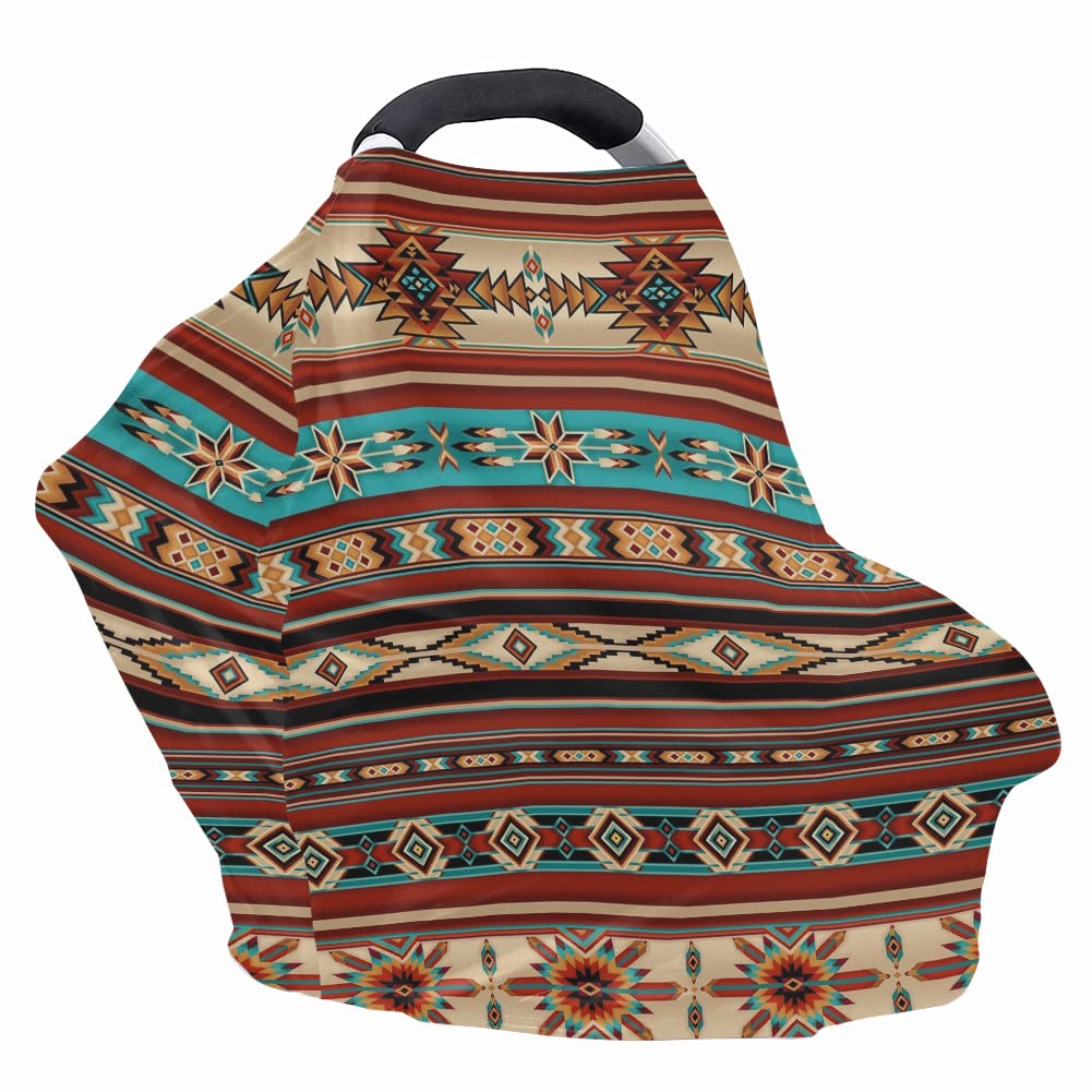 JOAIFO Nativa American Indian Tribal Aztec Stripe Geometry Print Nursing Cover Breastfeeding Scarf Southwest Red Pattern Baby Car Seat Covers, Infant Canopy Stroller Coverage for Girls Boys