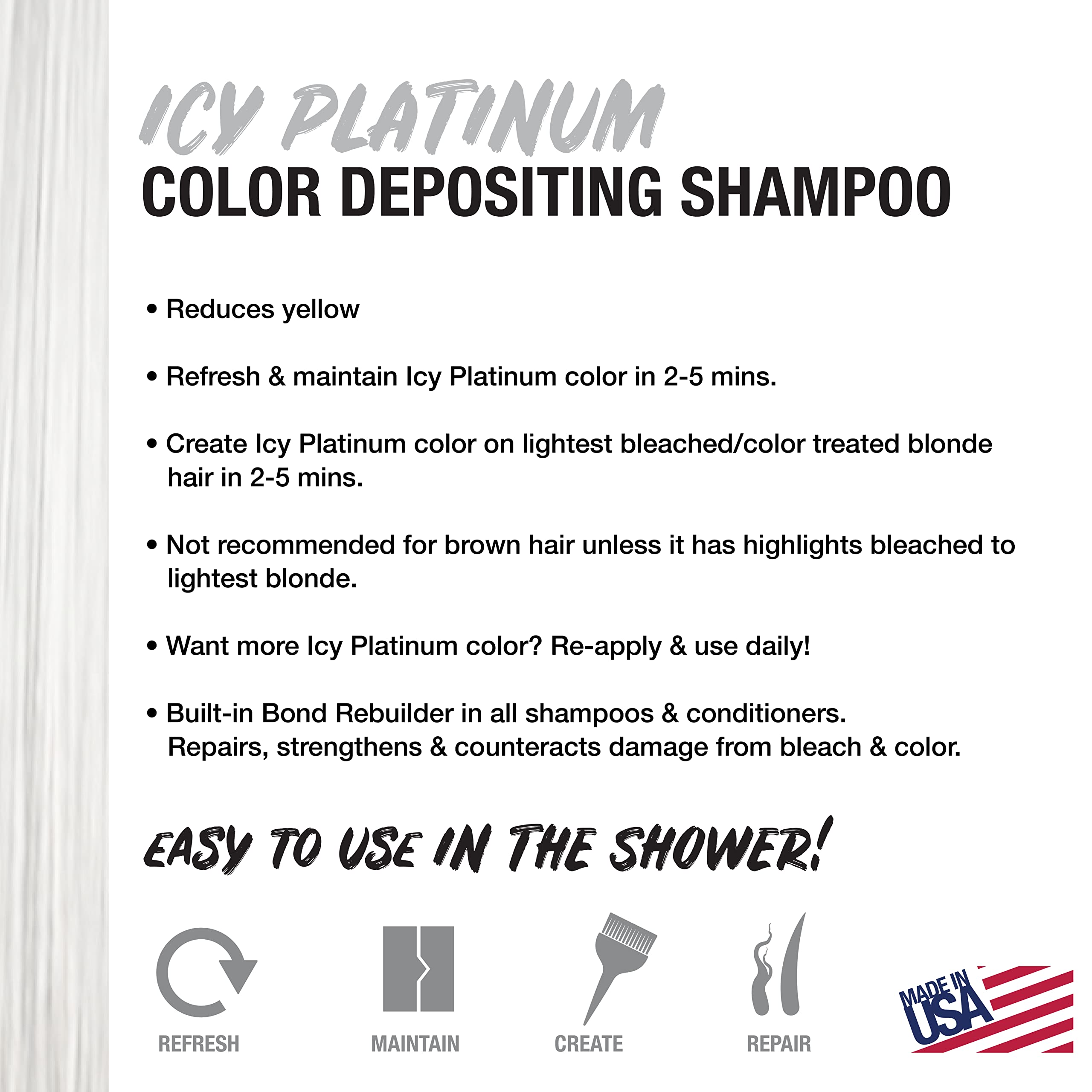 Icy Silver Platinum Hair Color Depositing Shampoo Semi Permanent Hair Color with BondHeal Bond Rebuilder - Toner to Remove Yellow on Blondes and Grays, Silver Hair Dye- 6.4 oz