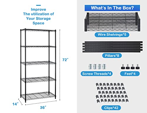 5-Tier Metal Wire Shelving Unit Kitchen Shelf Organizer Garage Storage Rack Utility Shelf Snack Shelf, NSF Certified Storage Shelves for Storage, Garage Shelving Kitchen Storage Shelf Pantry Shelves