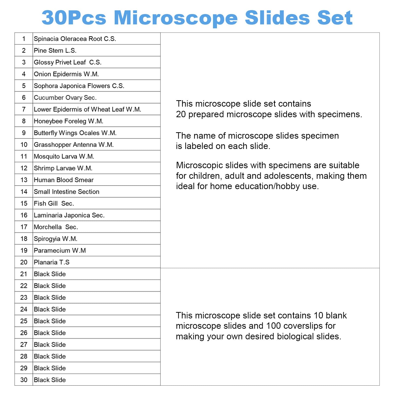 30 Microscope Slides and 100 Covers Set - 20 Prepared Microscope Slides with Specimens, 10 Blank Microscope Slides and 100 Microscope Coverslips - Microscope Slides for Kids Students Homeschool Use