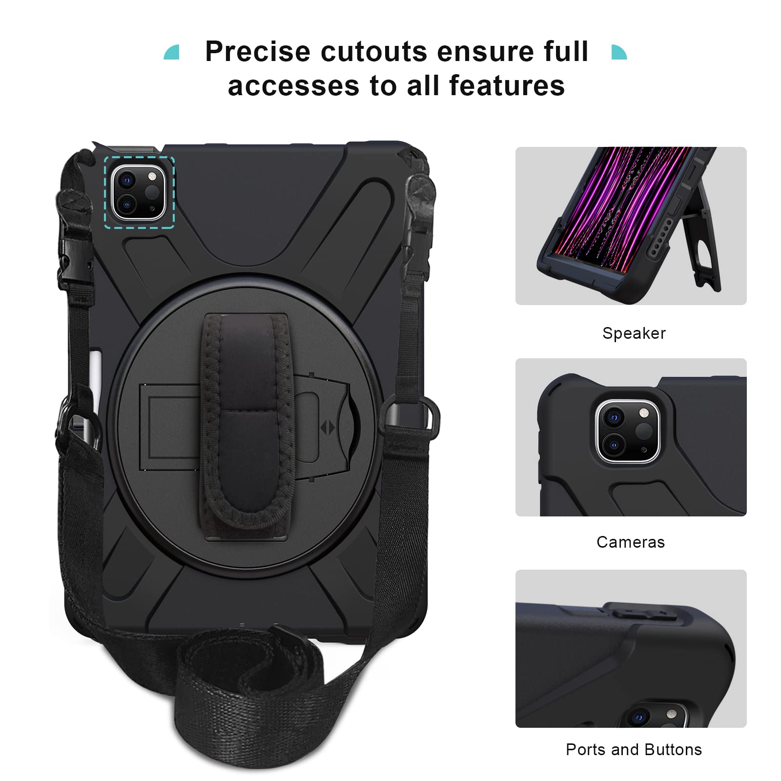 ProCase for iPad Pro 12.9 Inch Case 2022 2021 2020 2018, Rugged Heavy Duty Shockproof Cover with Hand Strap Shoulder Strap for iPad Pro 12.9" 6th 5th 4th 3rd Generation –Black