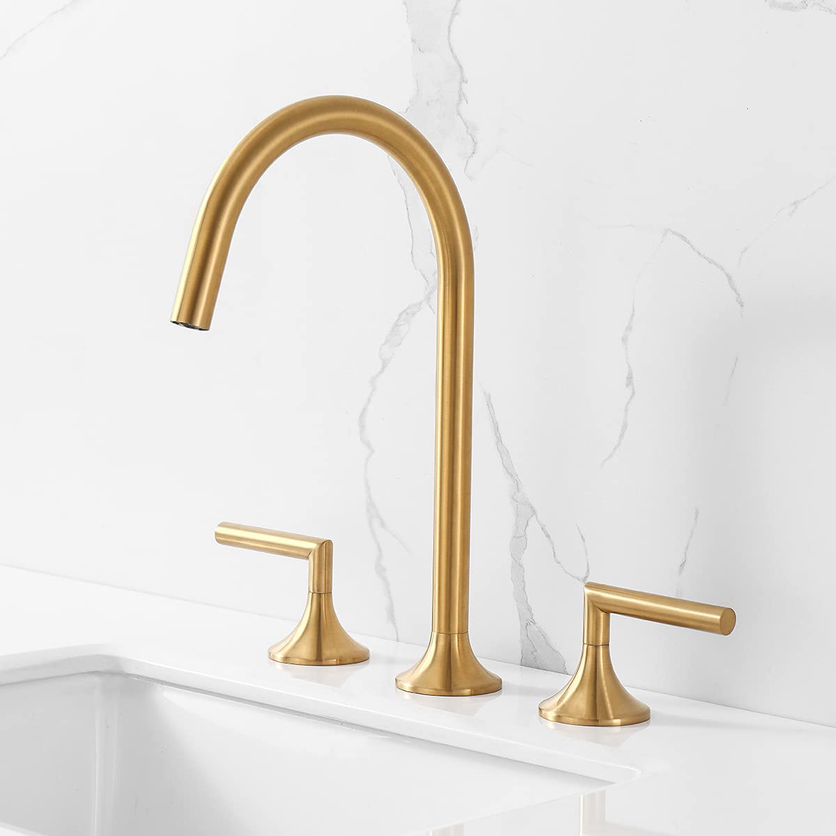 2-Lever Handle 8 Inch Bathroom Sink Faucet with Pop Up Drain Assembly 3 Hole Deck Mounted Come with Water Supply Hoses (Brushed Gold)