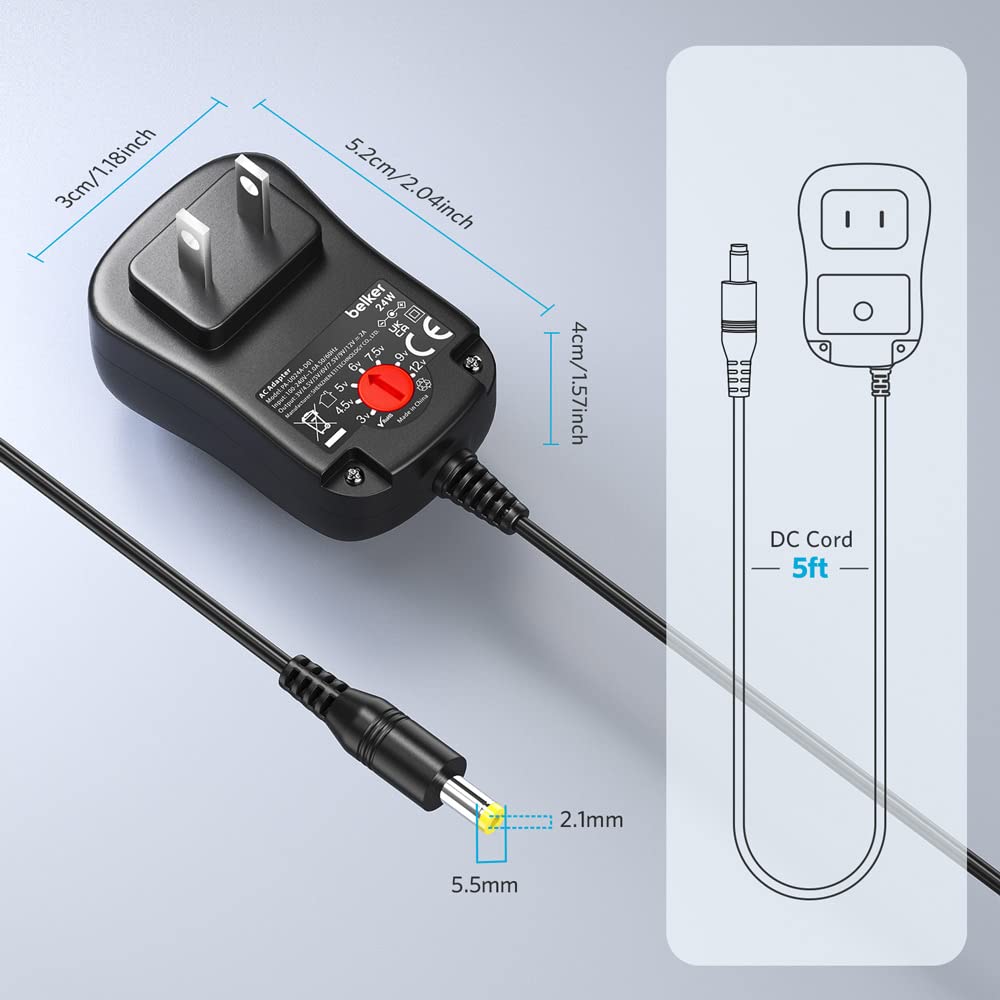 Belker 24W Multi Voltage 3V 4.5V 5V 6V 7.5V 9V 12V Universal AC DC Power Adapter Supply for Household Electronics - Max Amp 2000mA