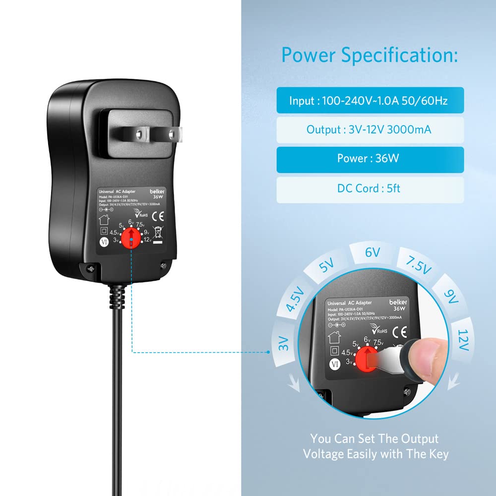 Belker 36W Universal 3V 4.5V 5V 6V 7.5V 9V 12V AC DC Power Adapter Supply for Household Electronics Routers TV Boxes LCD CCTV Cameras - 0.5A 1A 1.5A 2A 2.5A 3A 2500mA Max.