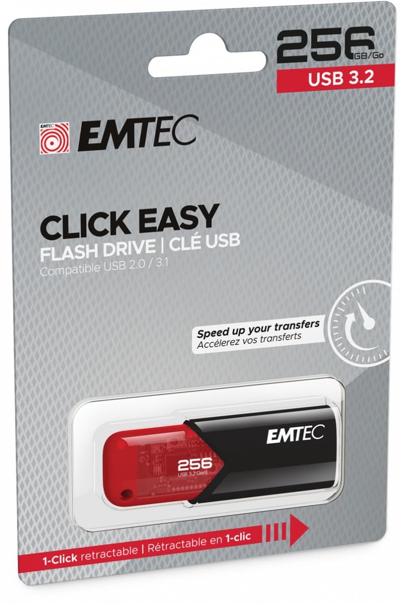 Emtec Click Easy B110 USB 3.0 (3.2) Flash Drive 256 GB External Storage - Red, Black