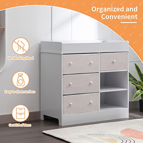 Changing Table with 4 Drawers, Changing Table Dresser with Changing Top and 2 Shelves, Infant Baby Diaper Changing Station for Nursery Bedroom Living Room, Diaper Changing Station