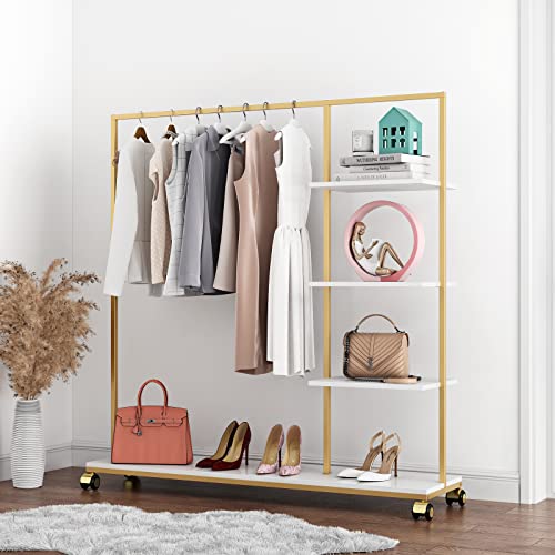 FONECHIN Metal Gold Clothing Rack for Boutique Use, Heavy Duty Garment Rack with Shelves for Retail Display (59L inches)