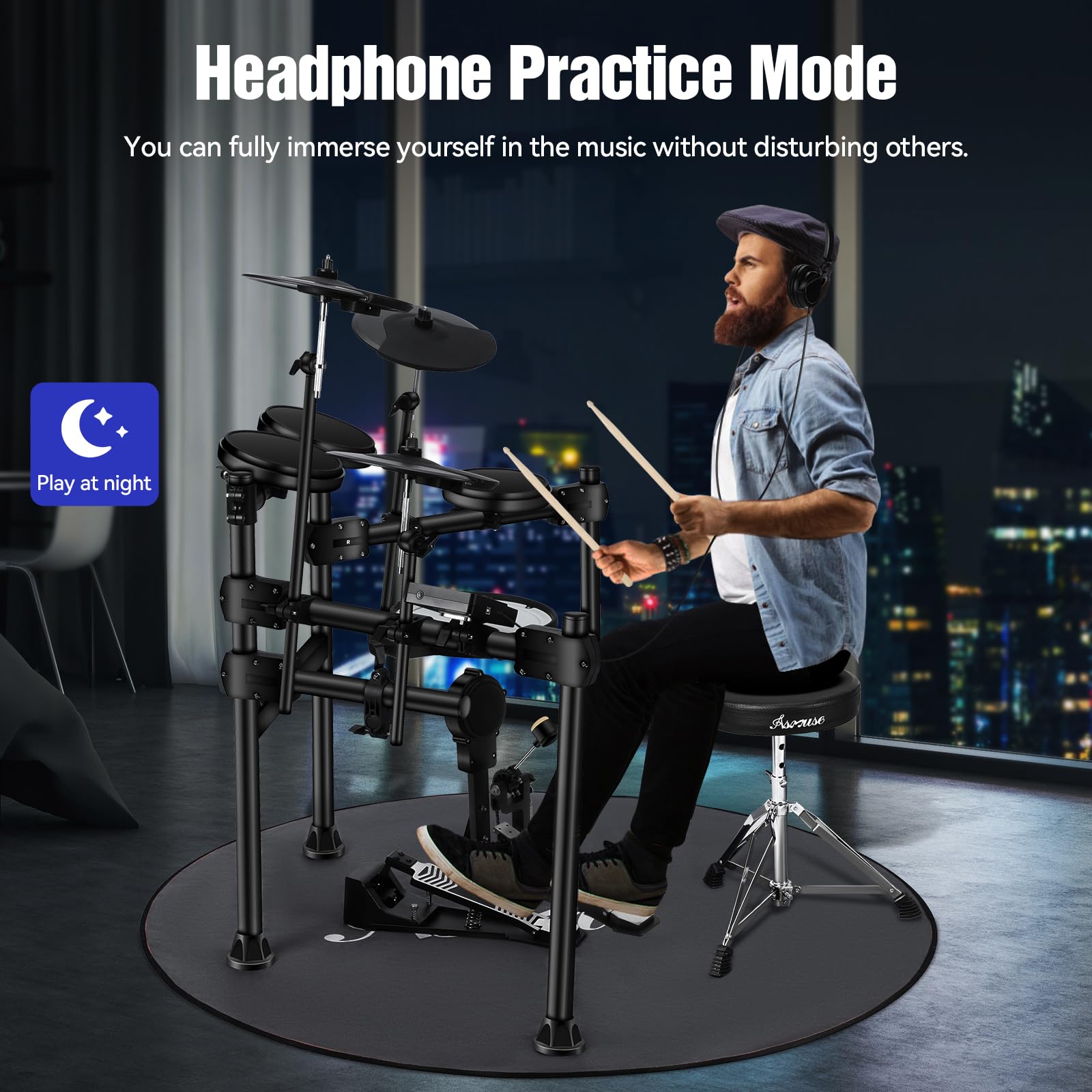 Asmuse Electronic Drum Set Kit for Adults Beginners with 8 inch Mesh Snare Electric Drum Set with Rim Shot and Cymbal Choke Function,USB MIDI Supported,2 Pairs of Drum Sticks &Headphone Set Included