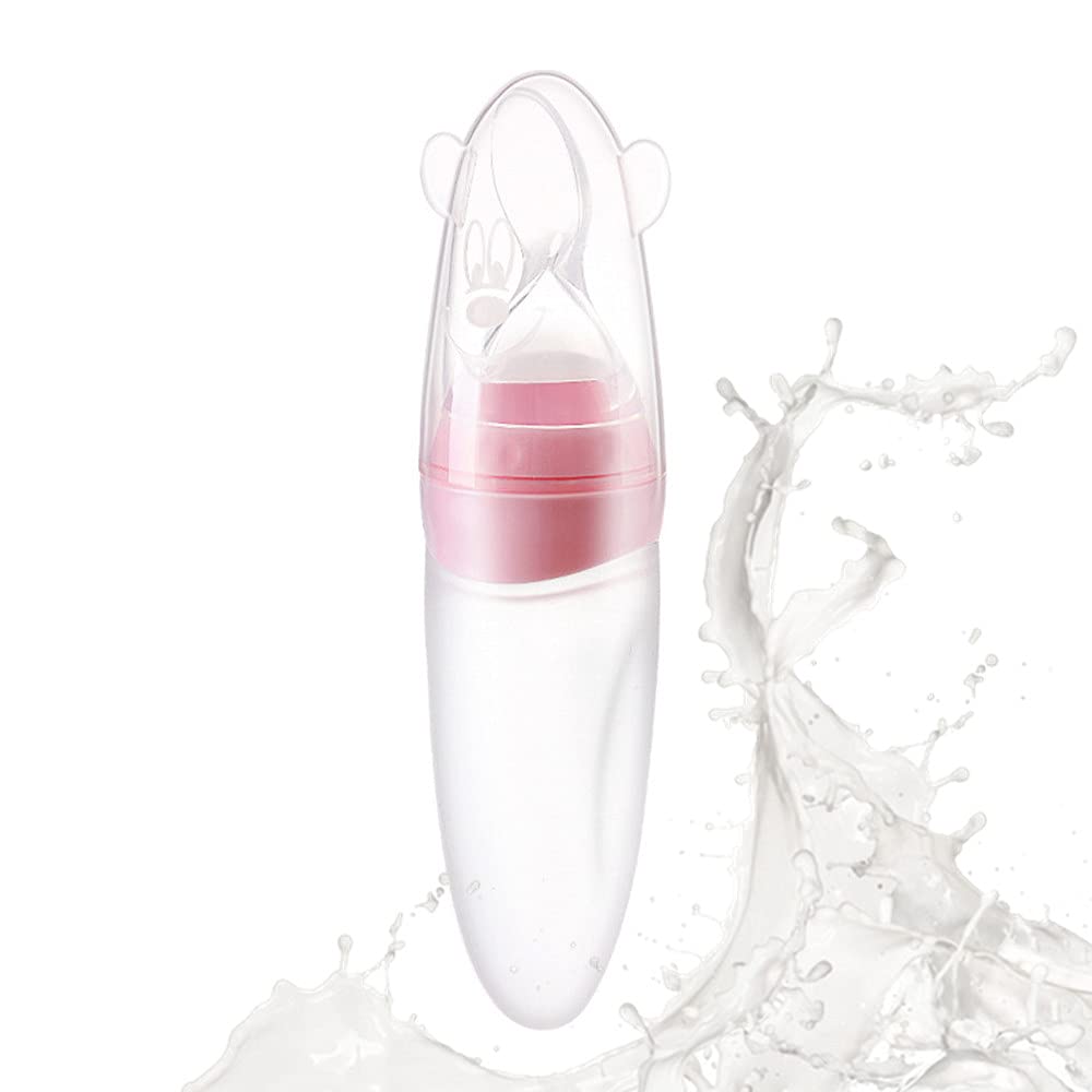 Gaodear Baby Food Feeder,Cartoon Silicone Squeeze Feeding Bottle with Dispenser Spoon for Babies Infant (Pink, 3oz/90ml)