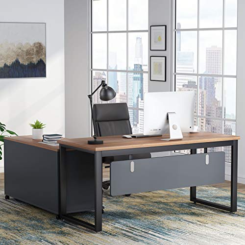 Tribesigns L Shaped Executive Desk, 55-Inch Office Computer Desk with 47 Inch Lateral File Cabinet, Rustic Business Furniture Workstation with Storage Shelves for Home Office