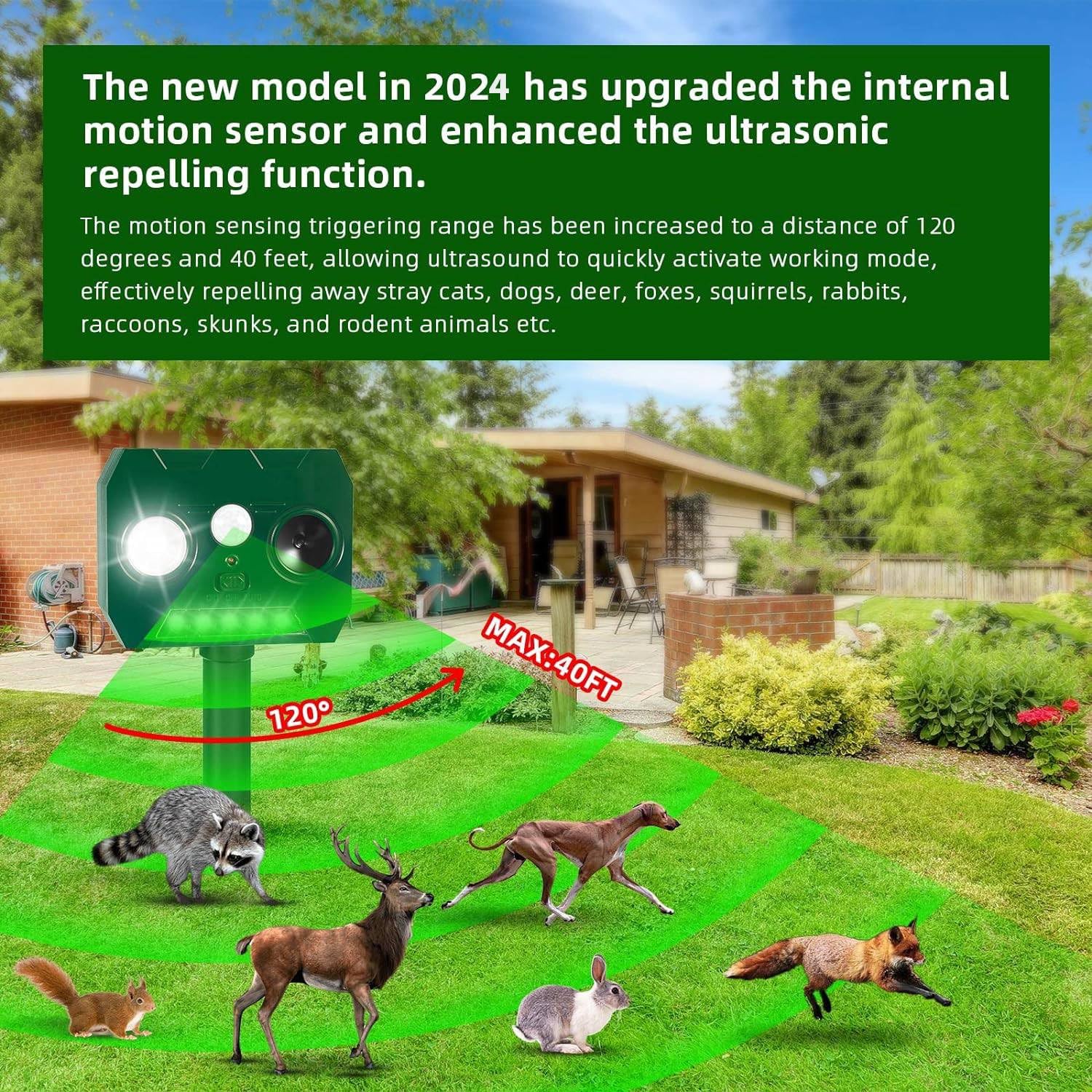 2024 Solar Ultrasonic Animal Repellent Outdoor Cat Deterrent with Flash Light Motion Sensor for Squirrel Cat Deer Skunk Rabbit Coyote Dog, Deer Repellent Devices Skunk Repellent for Yard, 4 Pack