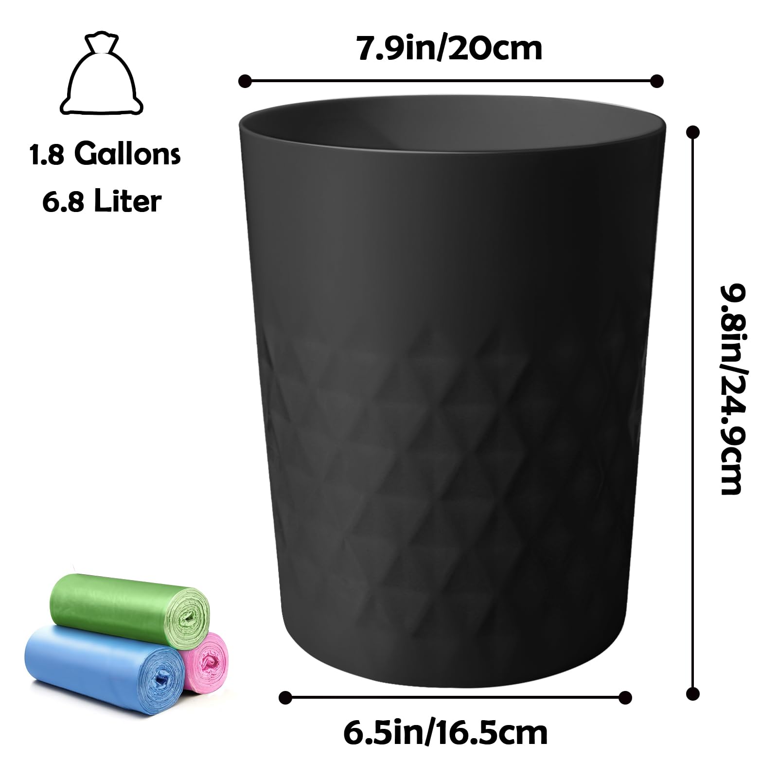 3 Pack Bathroom Trash Can, 1.8 Gallons Small Trash Can with Trash Bags, Round Bathroom Garbage Can Waste Basket, Plastic Trash Bin for Dorm, Bedroom, Kitchen, Office, Study, Compact Spaces(Black)