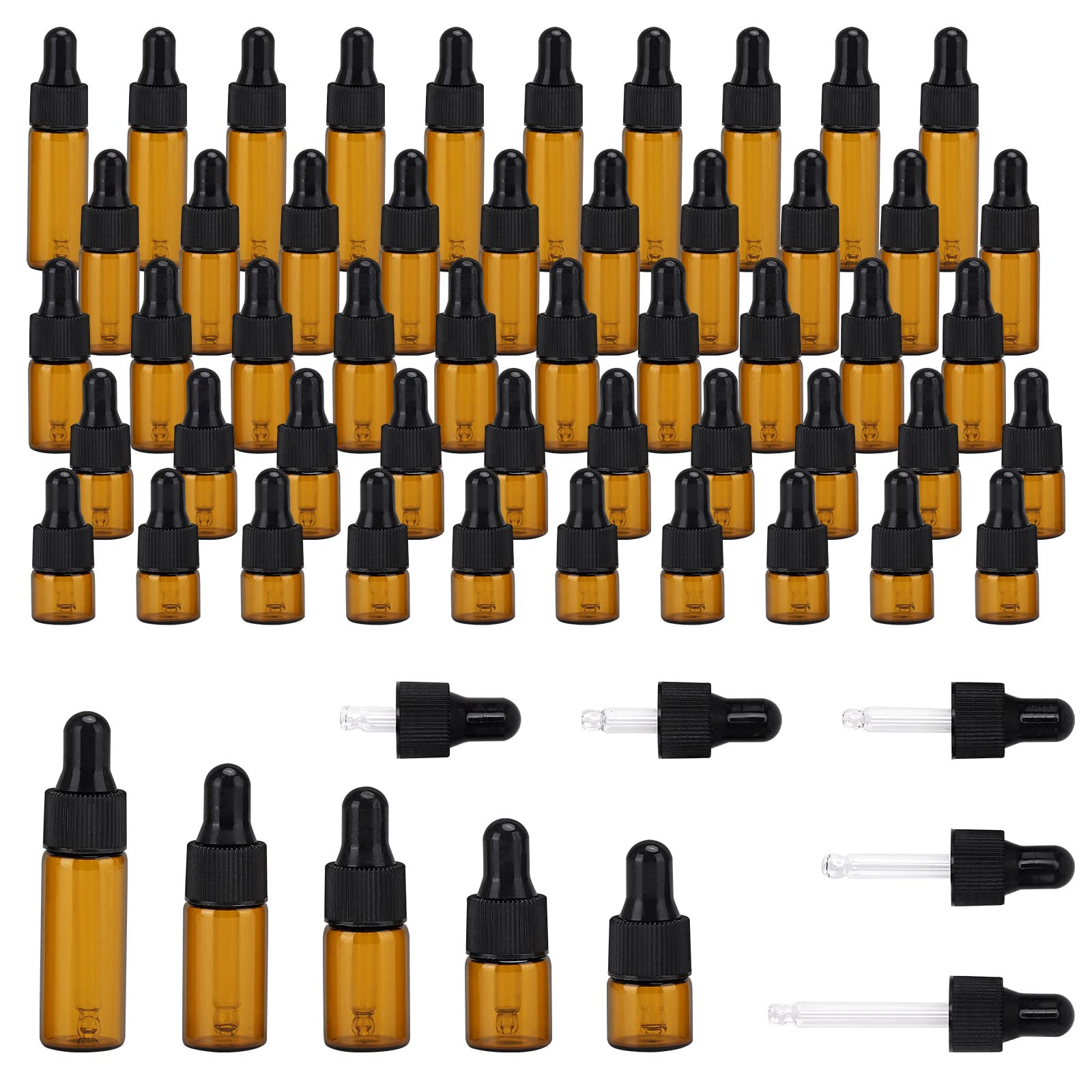 50Pcs Amber Glass Dropping Bottles 1ml 2ml 3ml 4ml 5ml Mini Essential Oil Dropper Bottles Empty Travel Sample Vials with Black Cap for Essential Oils, Aromatherapy, Cosmetic, Laboratory, Traveling