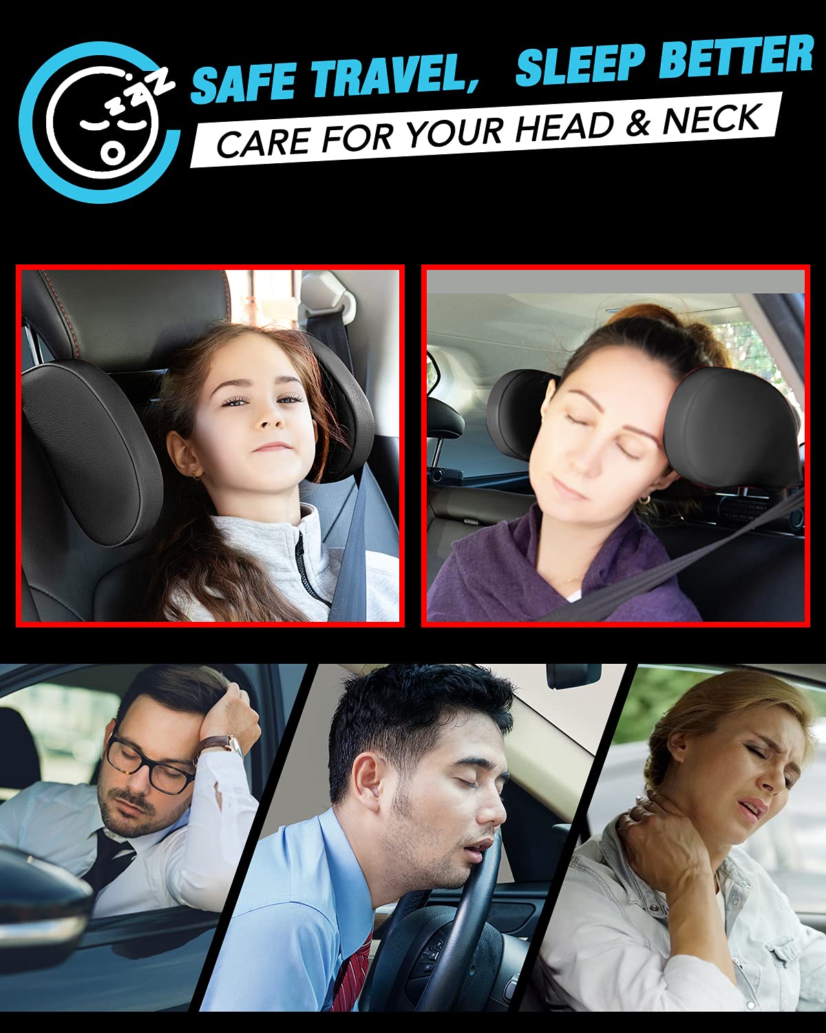 JZCreater Car Headrest Pillow, Car Seat Head Neck Support Pillow, Sleeping Travel Cushion Pillow, Baby Head Support, 360 Degree Adjustable Long Trip Rest Headrest Pillow for Kids Adult, Black