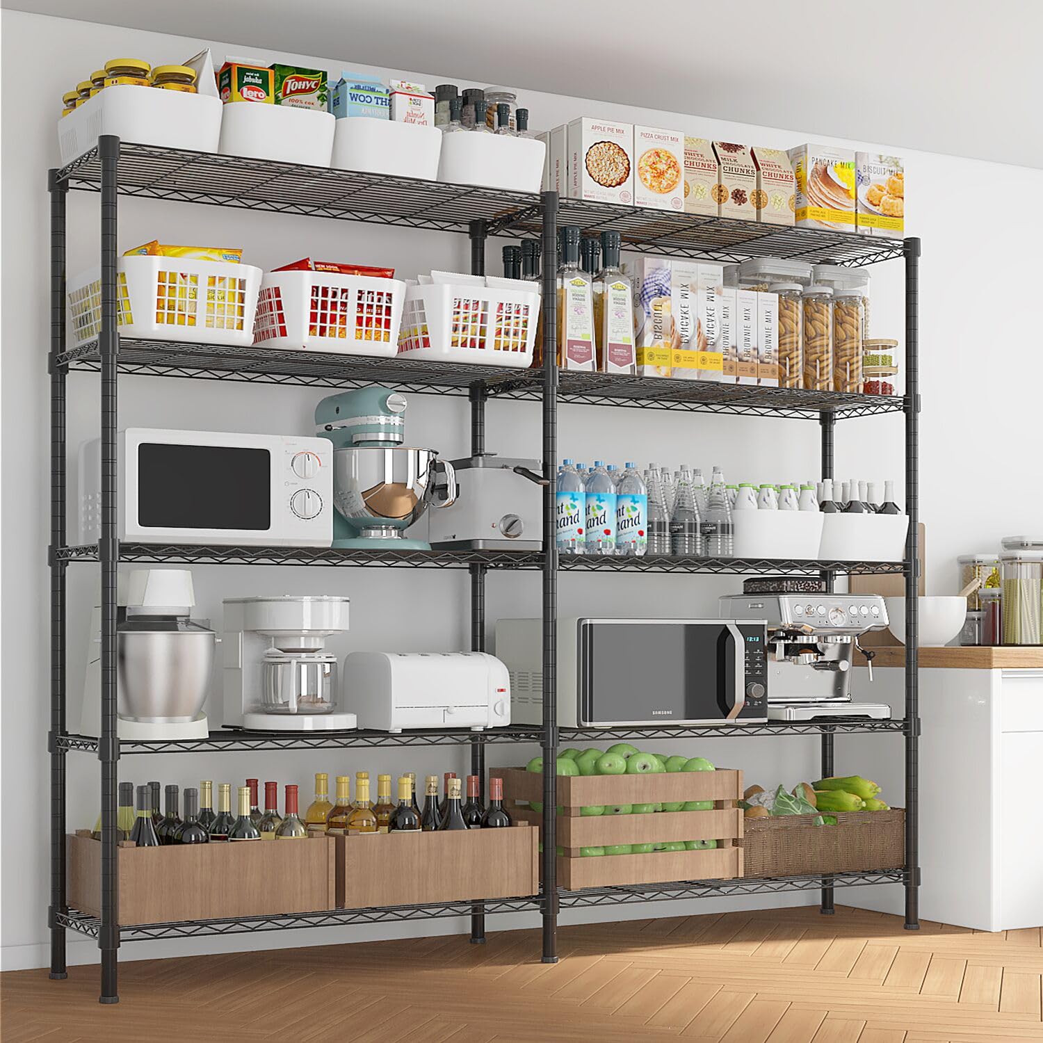 58 inch Wide Shelving Unit, 5 Tier Metal Rack, Pantry Storage Shelves Adjustable Wire Steel Shelving Unit for Heavy Duty Garage, Pantry, Kitchen Carbon Steel Storage Black