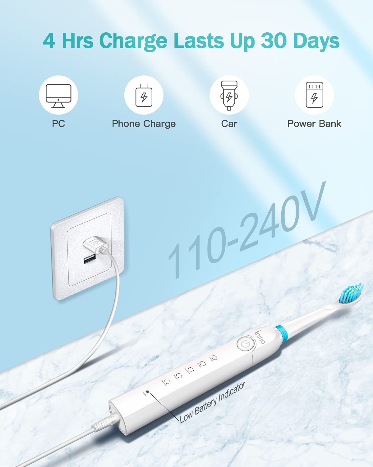 Initio Sonic Electric Toothbrush for Adults, Rechargeable Toothbrush with Smart Timer, 5 Modes, 3 Brush Heads, 40,000 VPM Motor, Whitening Power Toothbrush, IT959 (White)