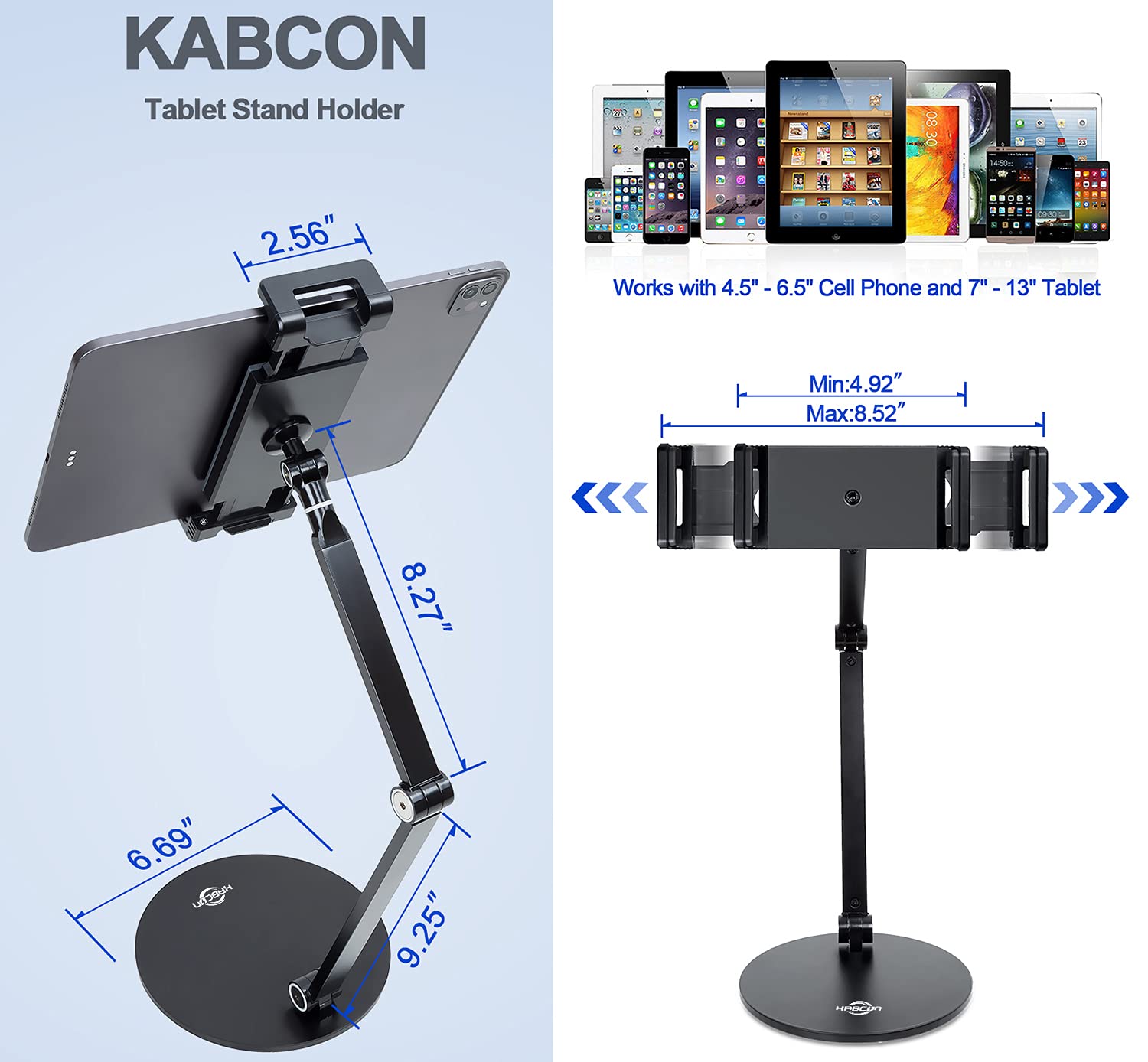KABCON Tablet Stand,Tightness Adjustable 360°Rotatable Multi-Angle Eye-Level Aluminum Solid Long Arm Tablets Stands for iPad Series,Microsoft Surface Tablet Series,Samsung Galaxy Tabs,Kindle Fire,etc