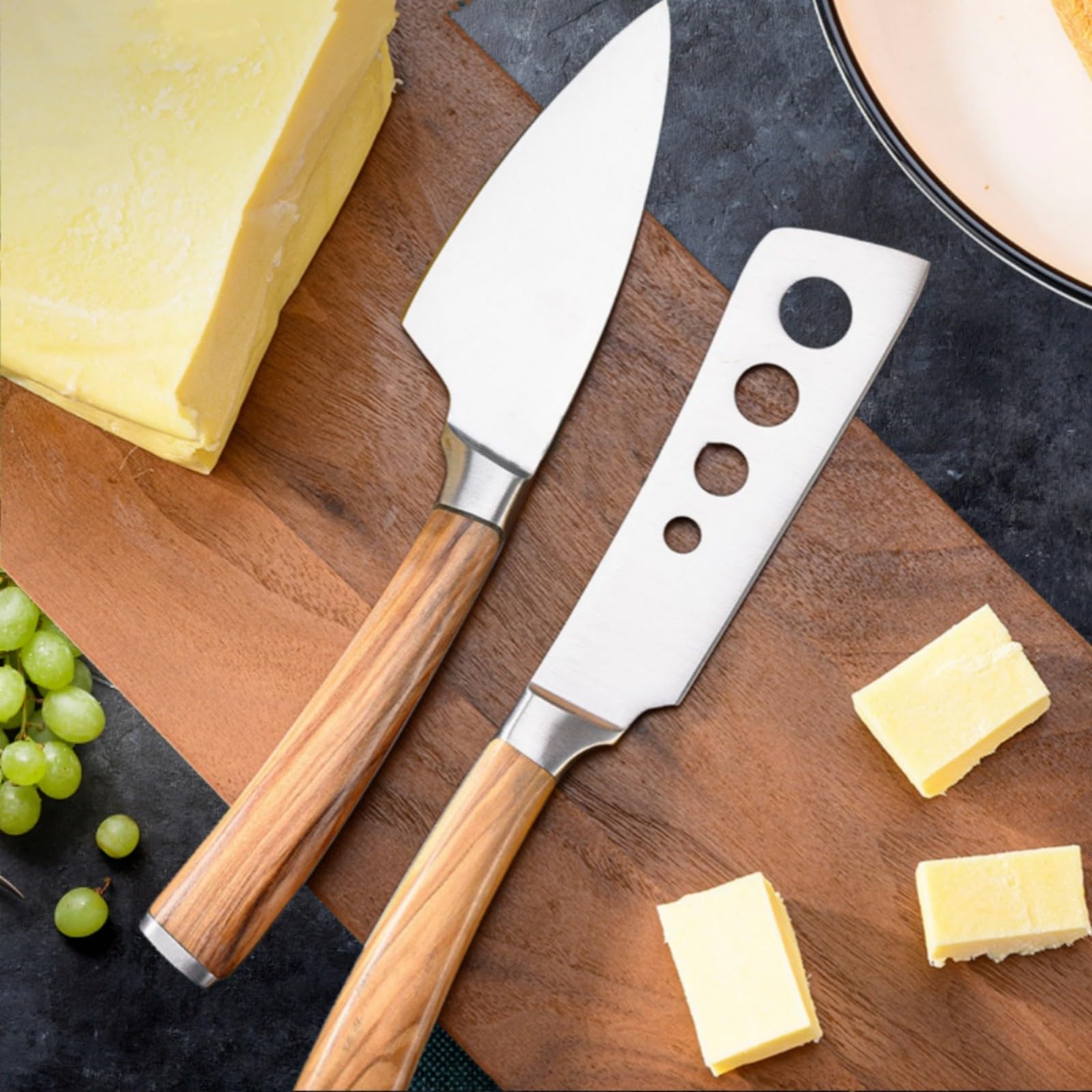 3 Piece Cheese Knife Set for Charcuterie Board, Olive Wood Stainless Steel Cheese Knives, Perfect for Hard and Soft Cheese Slicer and Cutter
