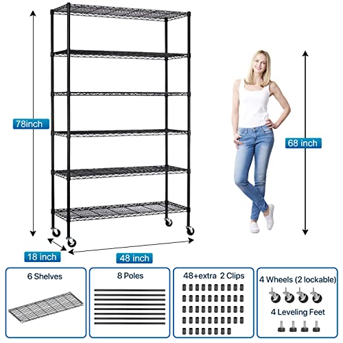 Dkelincs 6 Tier Wire Shelving Unit with Wheels 48" X 18" X 76" Metal Storage Shelves Height Adjustable NSF Heavy Duty Commercial Grade Garage Shelf Rack for Kitchen Basement Restaurant,Black