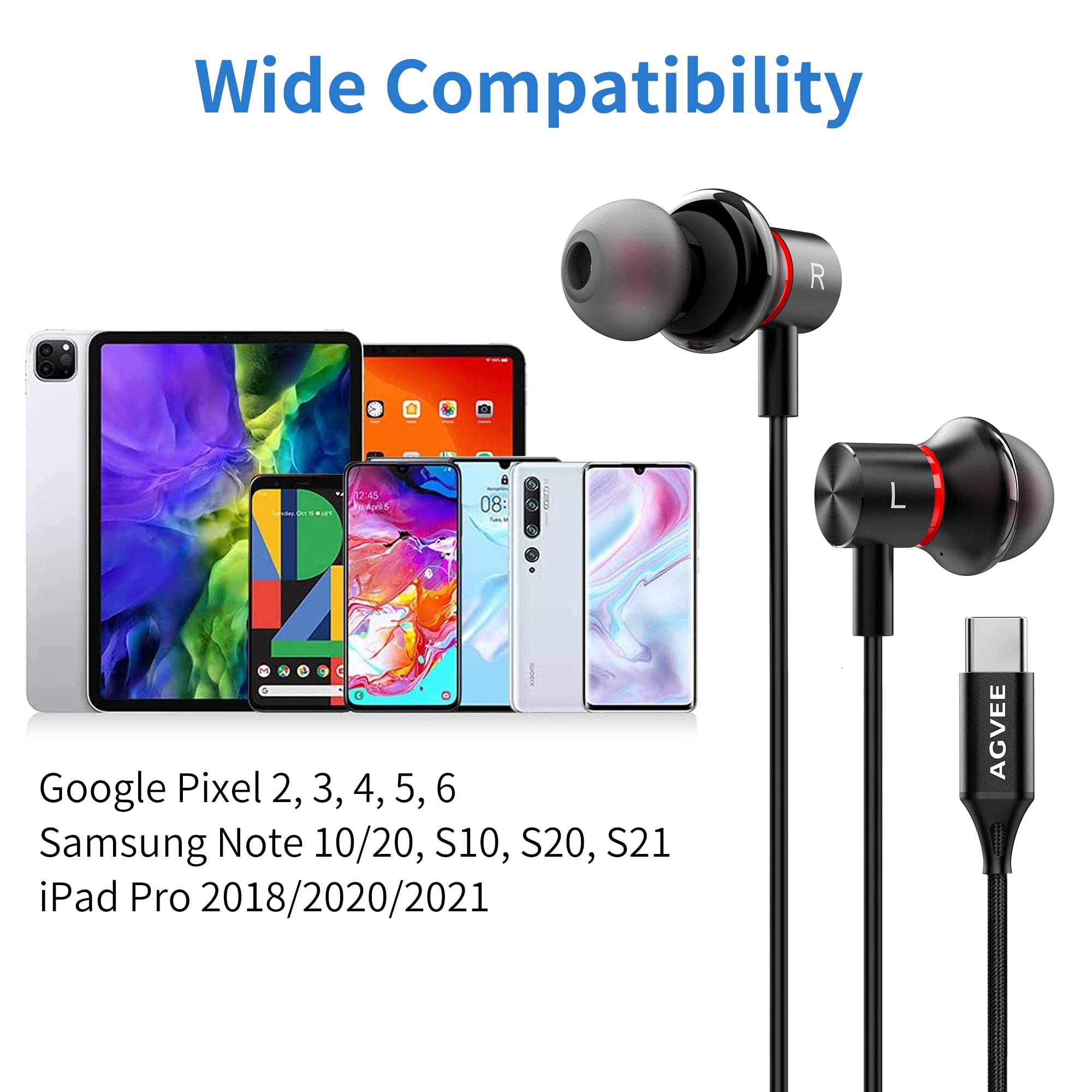 AGVEE 32Bit 384Khz Digital USB-C Headphones, Type-C Earbuds Noise Cancelling in-Ear Wired Earphone with Mic for Samsung S21 S20, Note 20 10, iPad Pro 2020 2018, Pixel 5 4 3 2 XL, Black