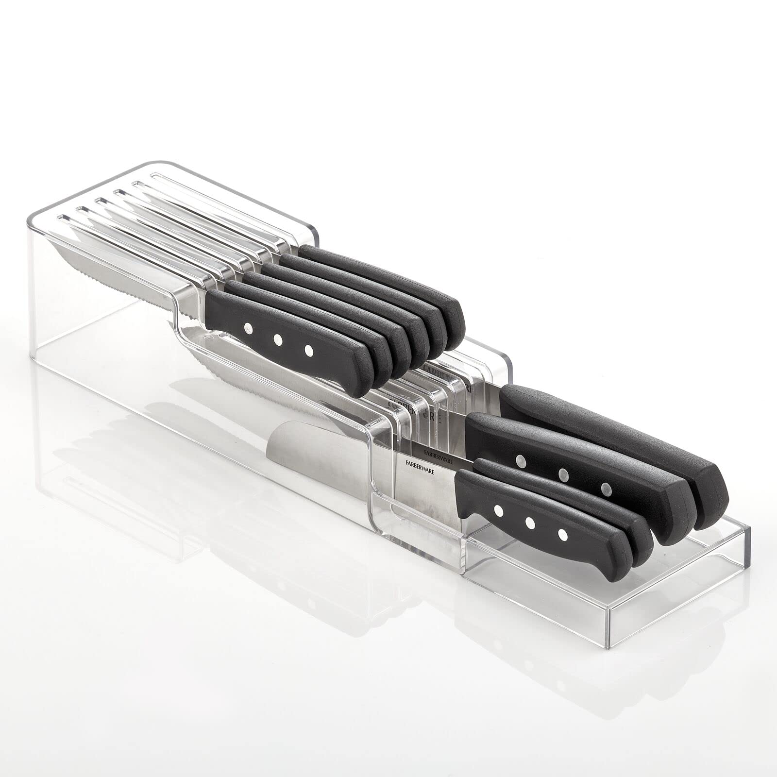 mDesign 2-Tier Plastic In-Drawer Knife Block - Storage and Organizer for Knives - Holds Up To 12 Knives - For Kitchen Drawers - Clear